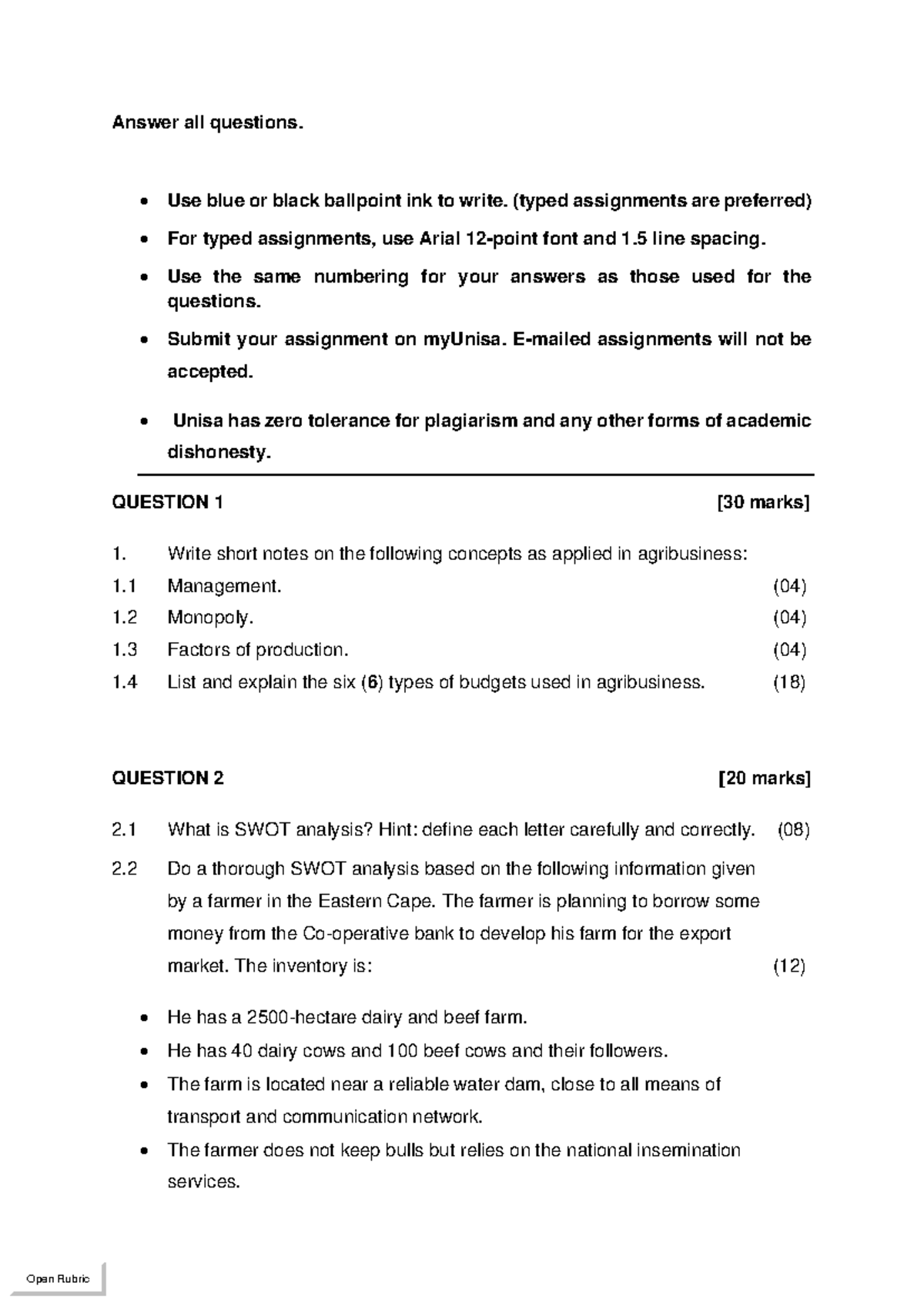 Sciam 01 Sem 01 Assignment 01: Agribusiness Concepts & SWOT Analysis ...
