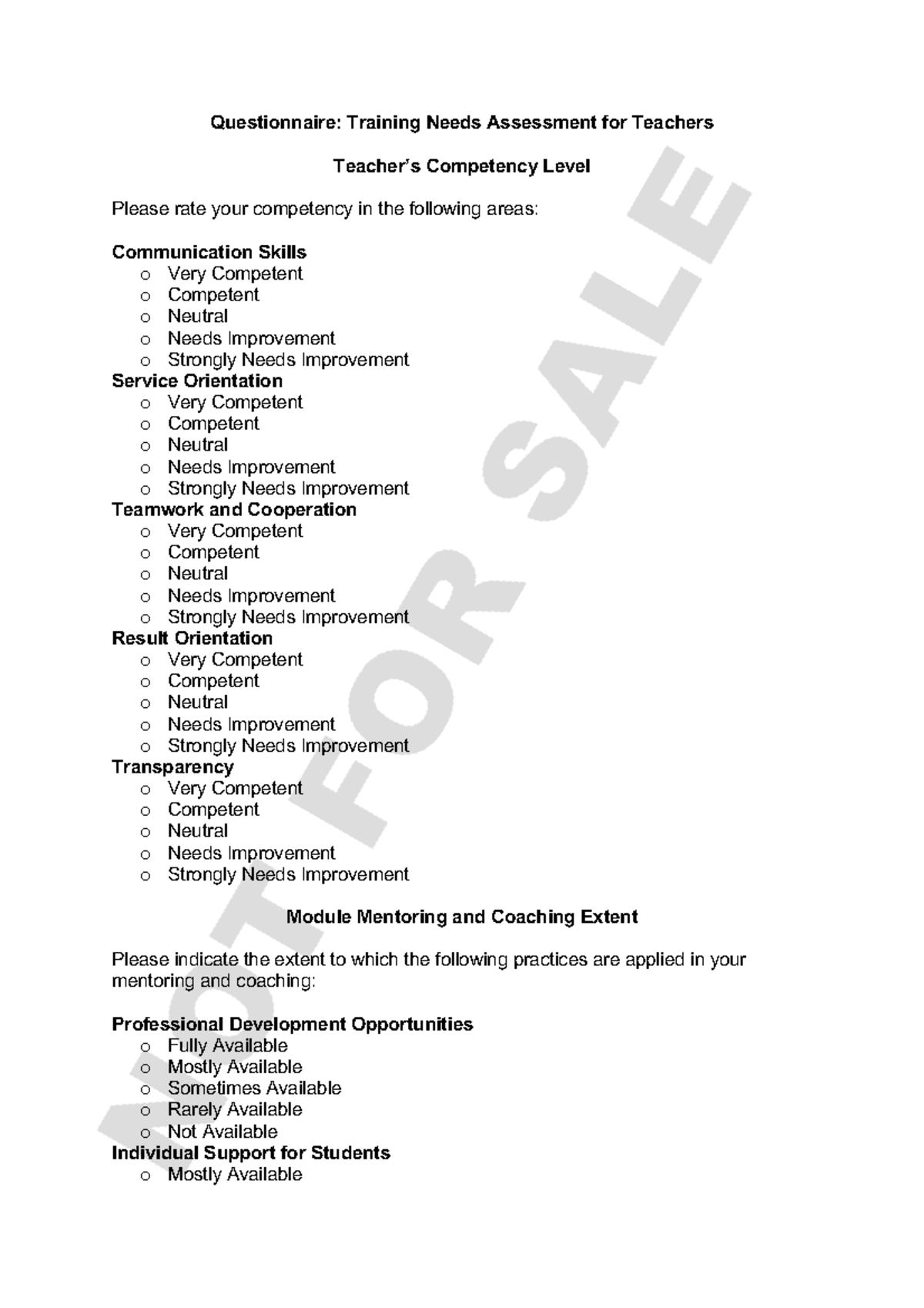 Questionnaire 102: Training Needs Assessment for Teachers - Studocu