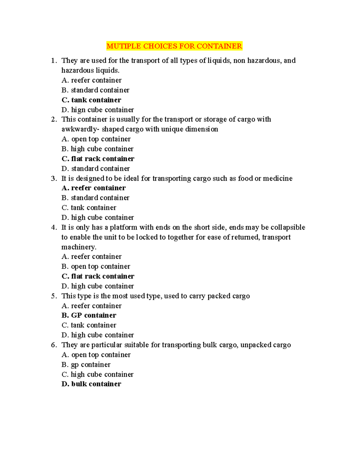 Multiple Choice Questions on Container Types - Studocu