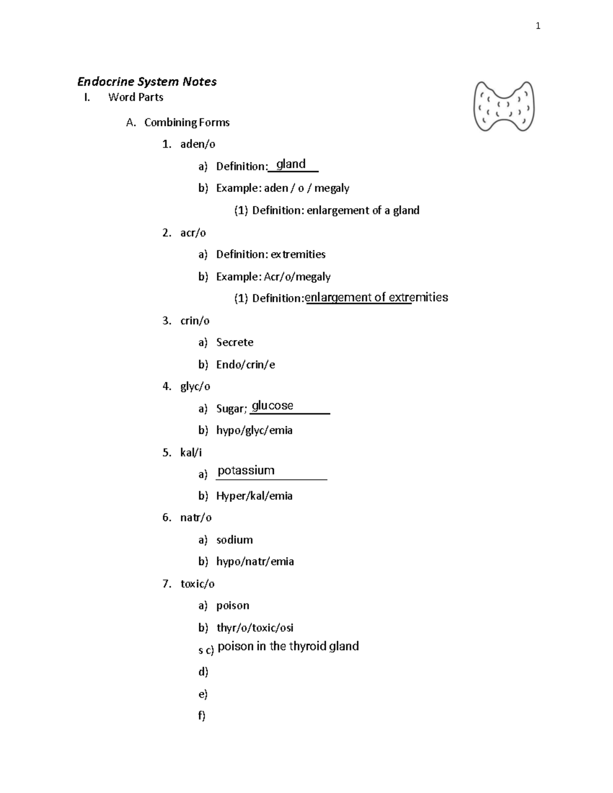 Medical Terminology Chapter 11 Notes - Endocrine System Notes I. Word ...