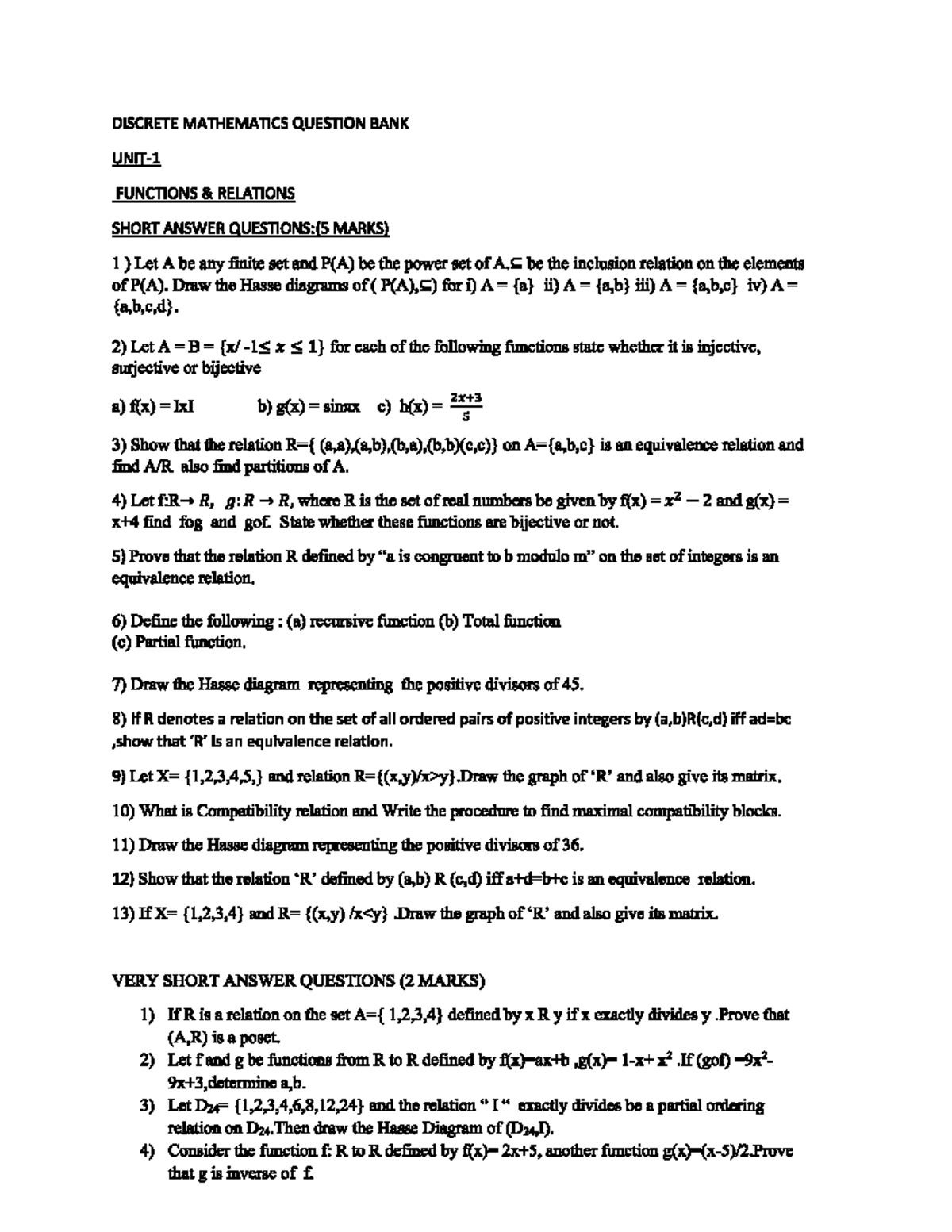 Discrete Mathematics Question Bank: Functions, Relations & Graphs (FY ...