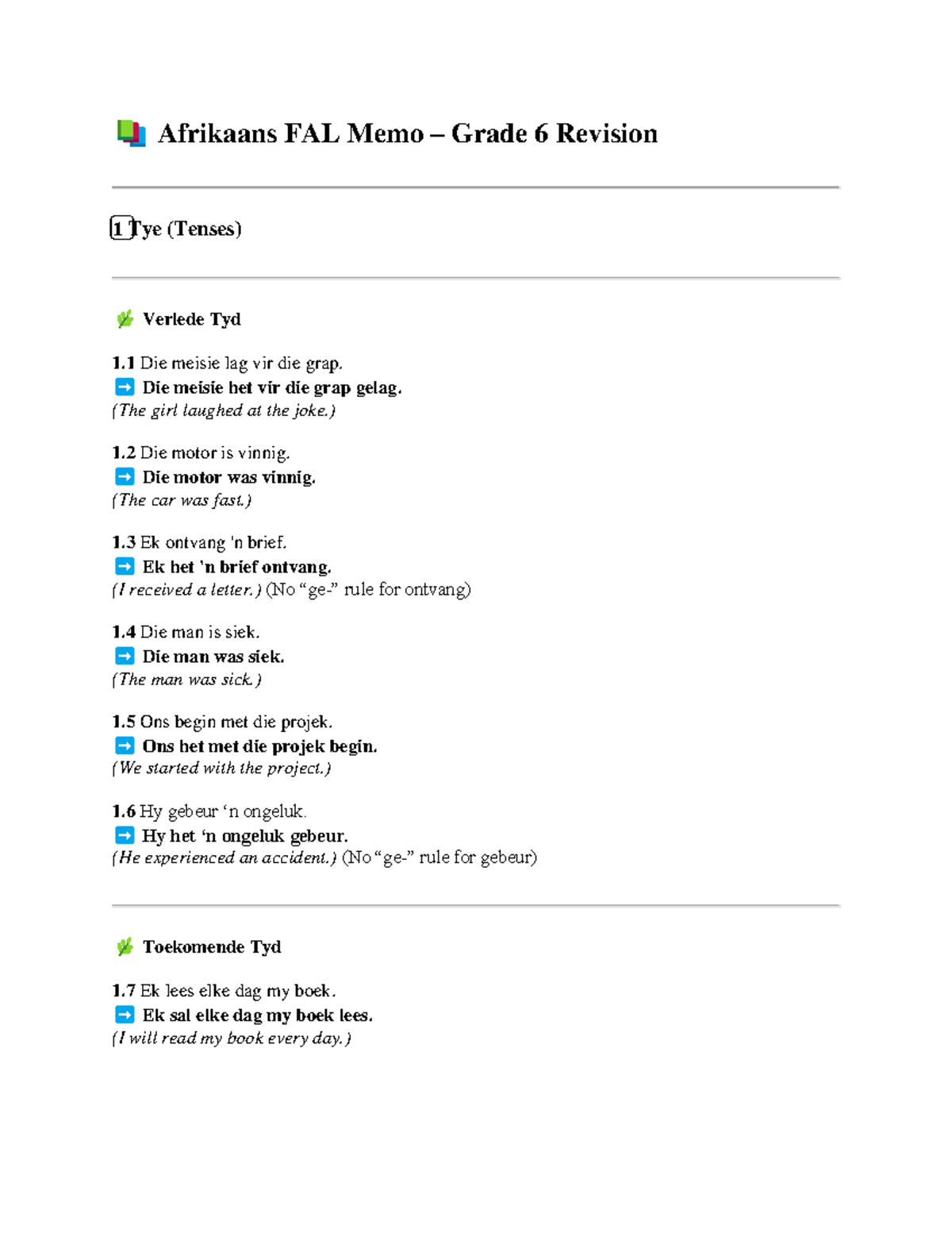Afrikaans FAL Grade 6 Revision Memo: Tenses, Opposites & Pronouns - Studocu