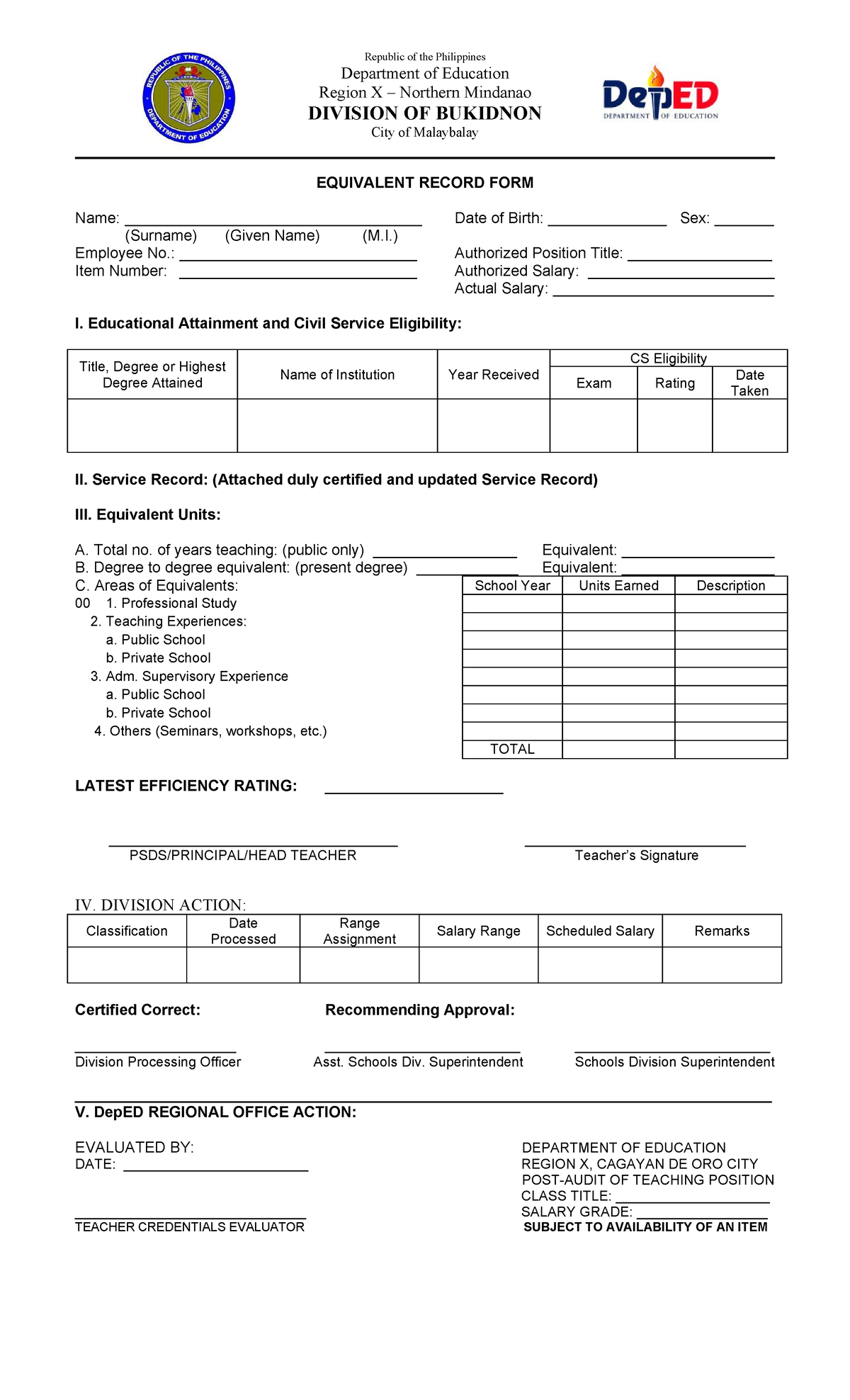 DepEd Region X ERF Form for Teacher Credentials Evaluation - Studocu