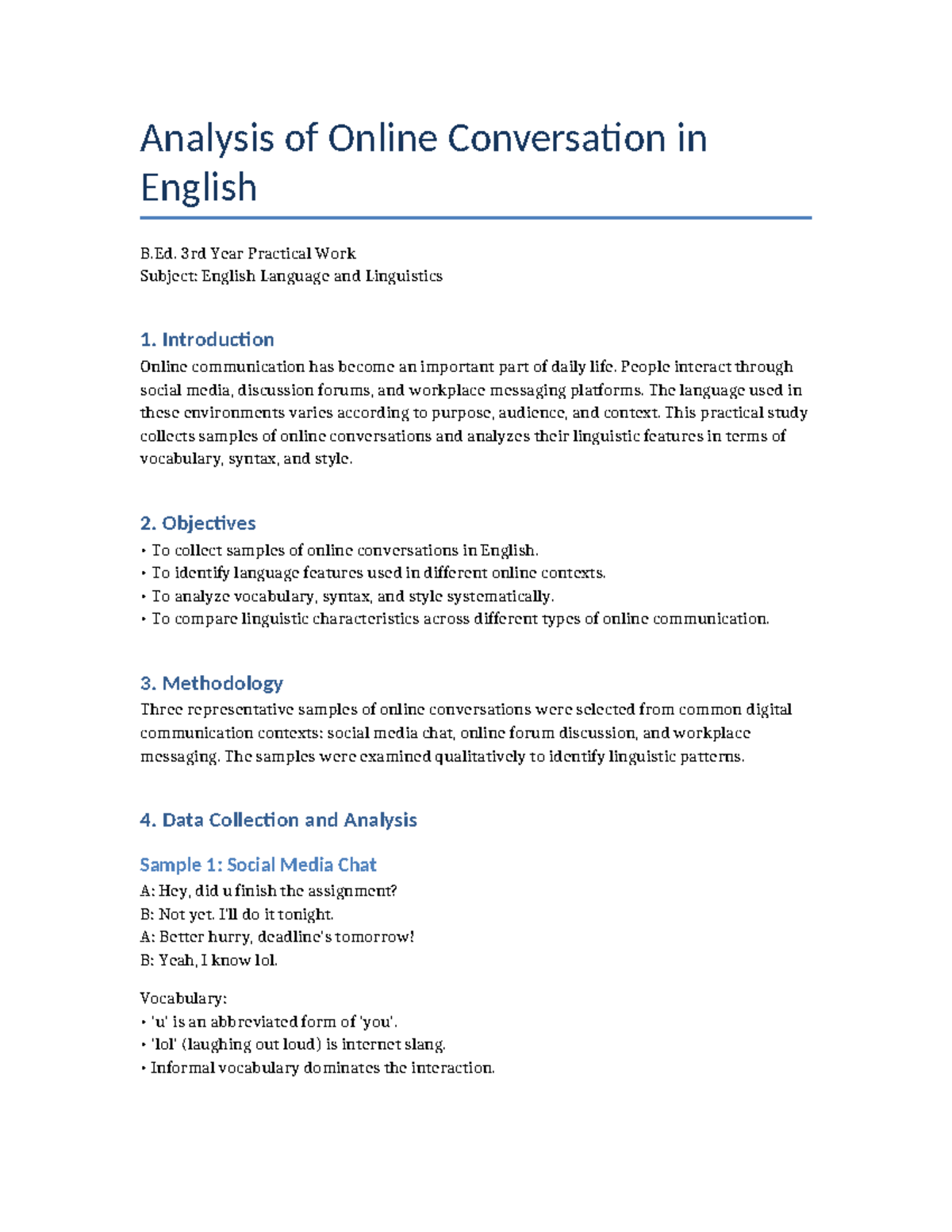 BEd 3rd Year Practical Report: Analysis of Online Conversations - Studocu