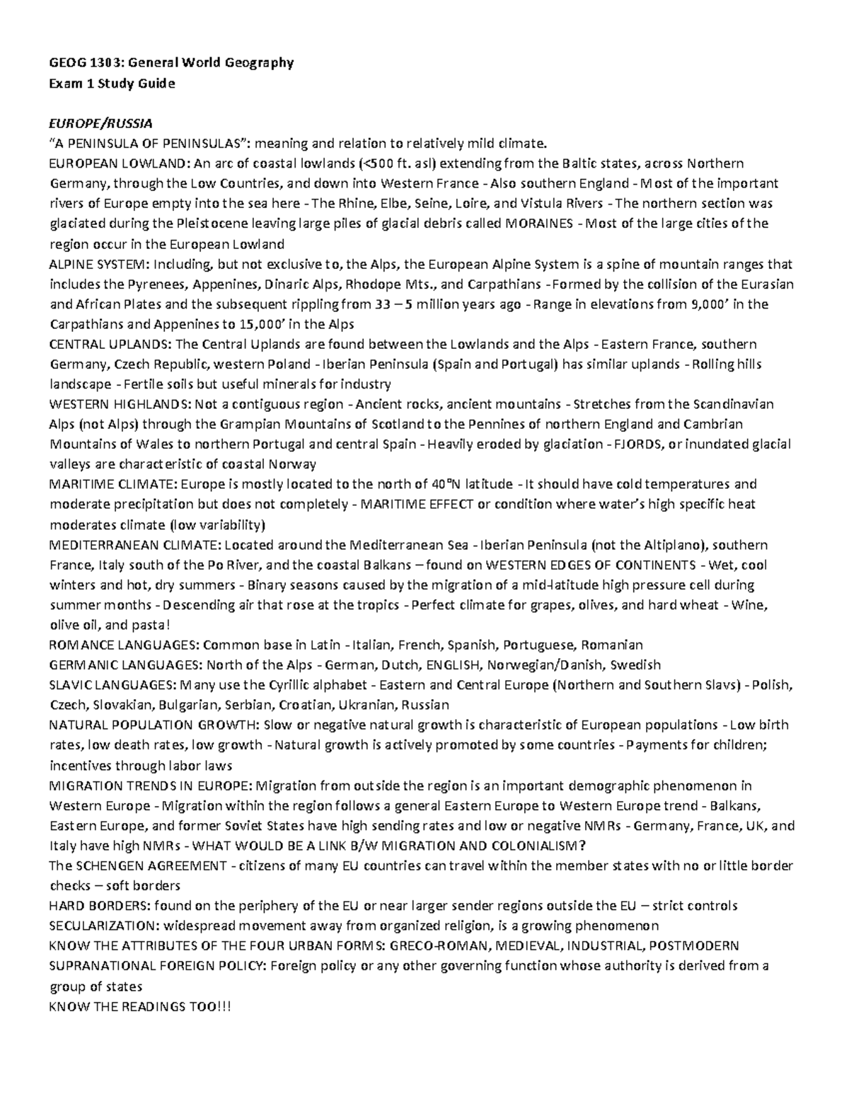 GEOG 1303: General World Geography Exam 1 Study Guide - Europe/Russia ...