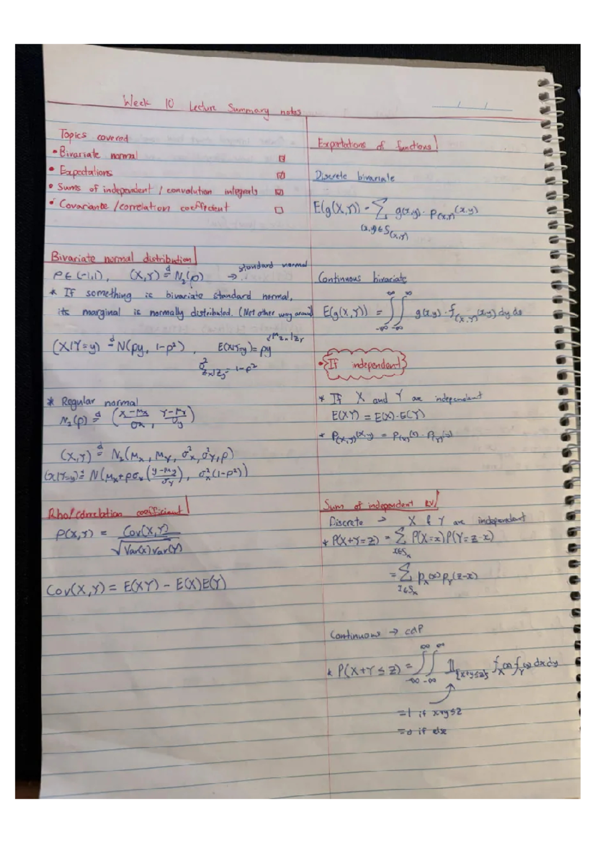 W10 Lecture Summary: Bivariate Normal & Expectations in Functions - Studocu
