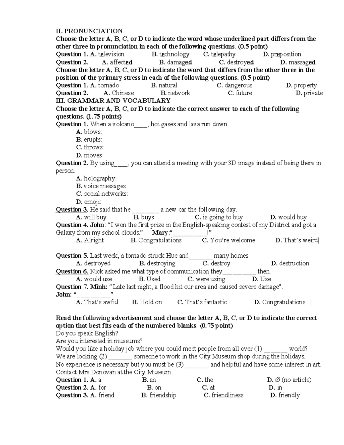 Official Test 8 - Pronunciation, Grammar, and Reading Practice - Studocu