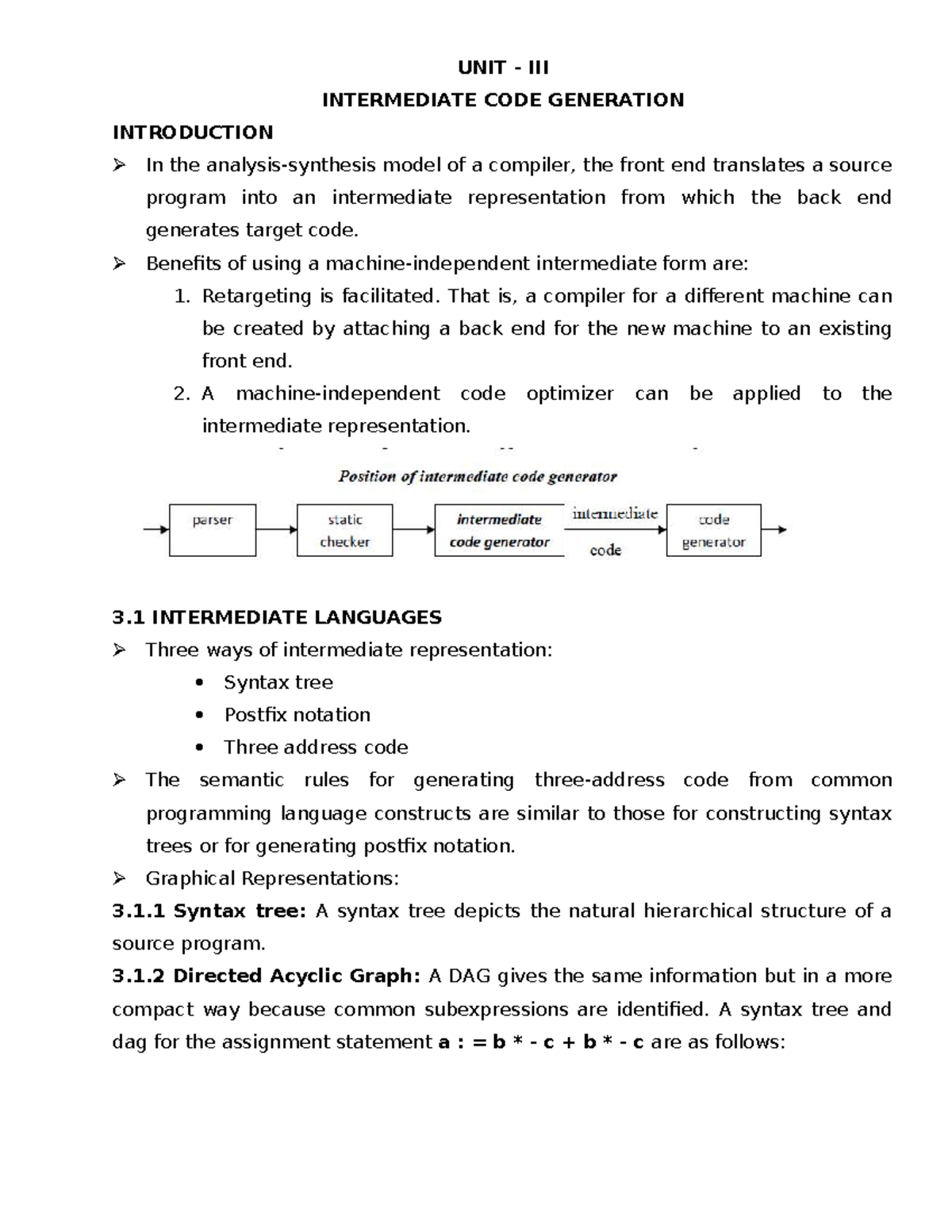 UNIT-III: Intermediate Code Generation Concepts and Techniques - Studocu