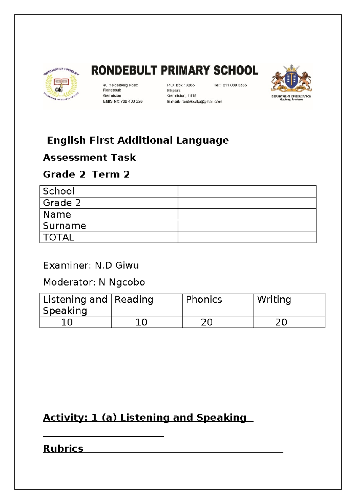 2024 English FAL Assessment Task Term 2 Grade 2 Overview - Studocu
