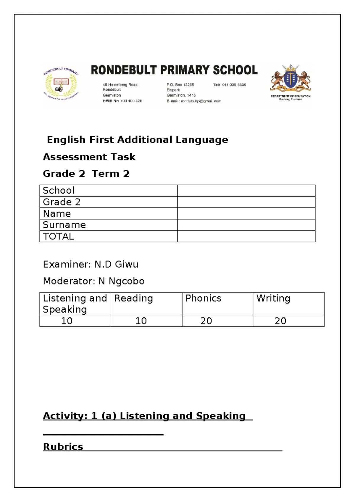 English FAL Paper 2 Grade 8 June exam 2018 QP - Ekurhuleni North JUNE ...