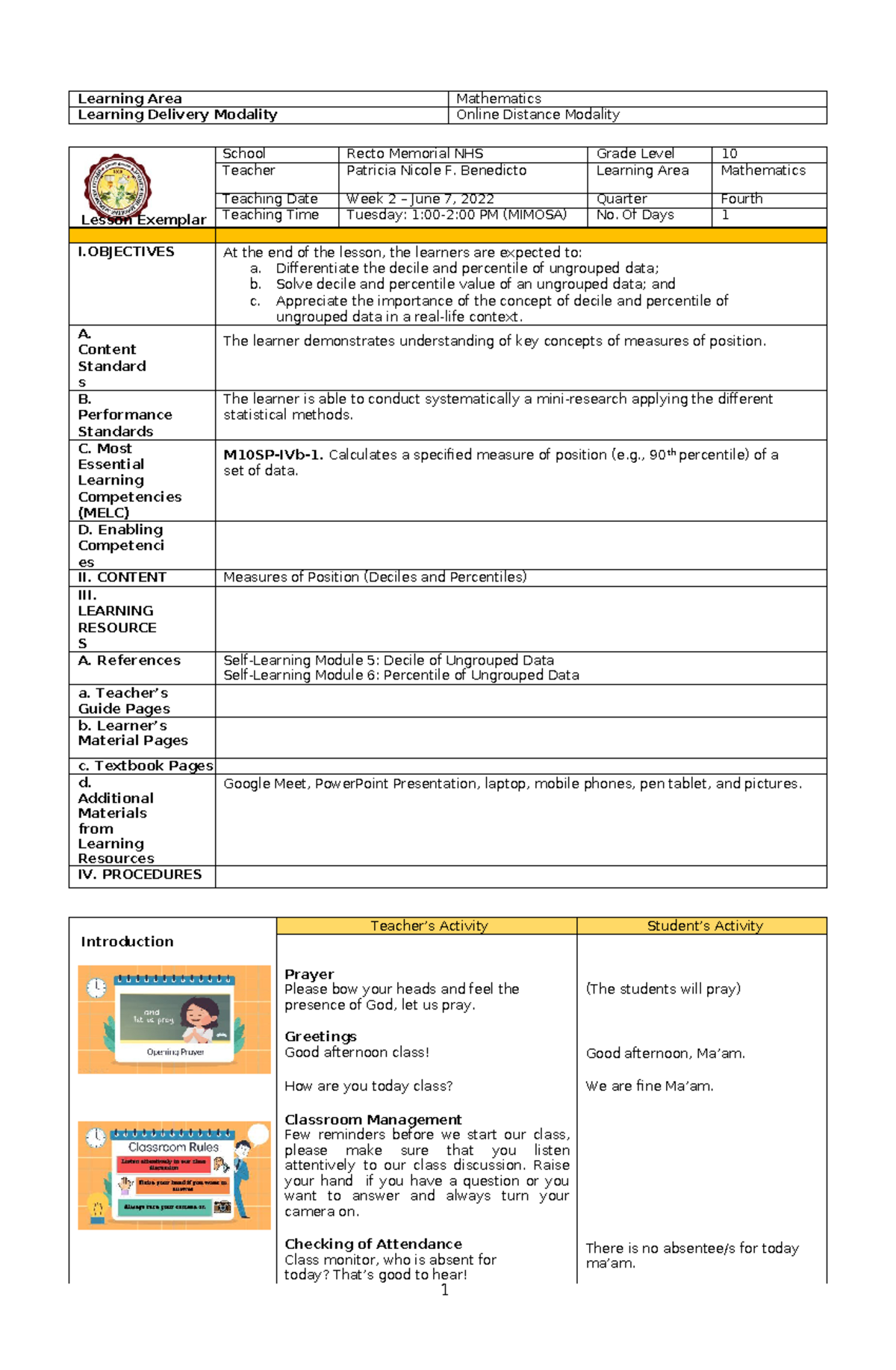 10th Grade Math Lesson Exemplar: Deciles and Percentiles (Final Demo ...