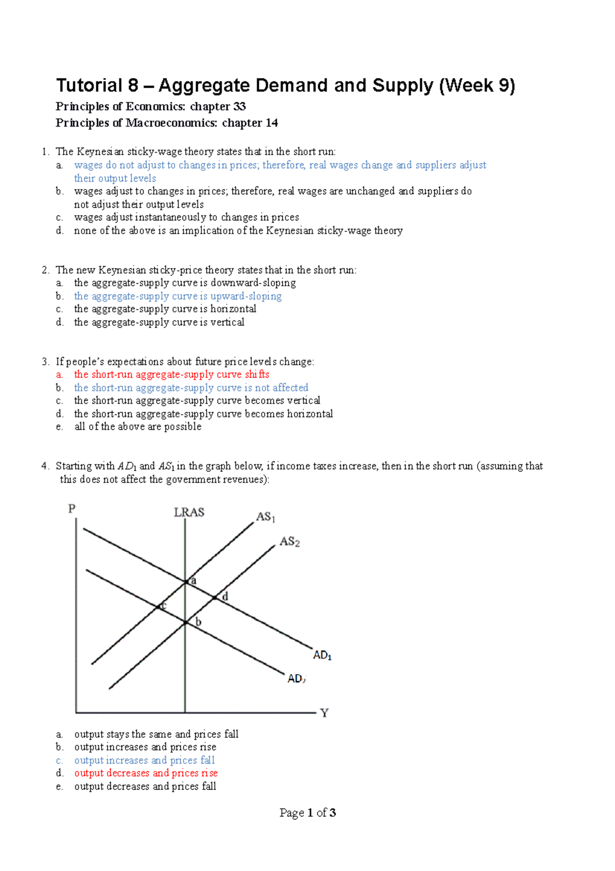 Tut8 (Week 9) Questions-1 - Tutorial 8 – Aggregate Demand and Supply (Week 9) Principles of ...