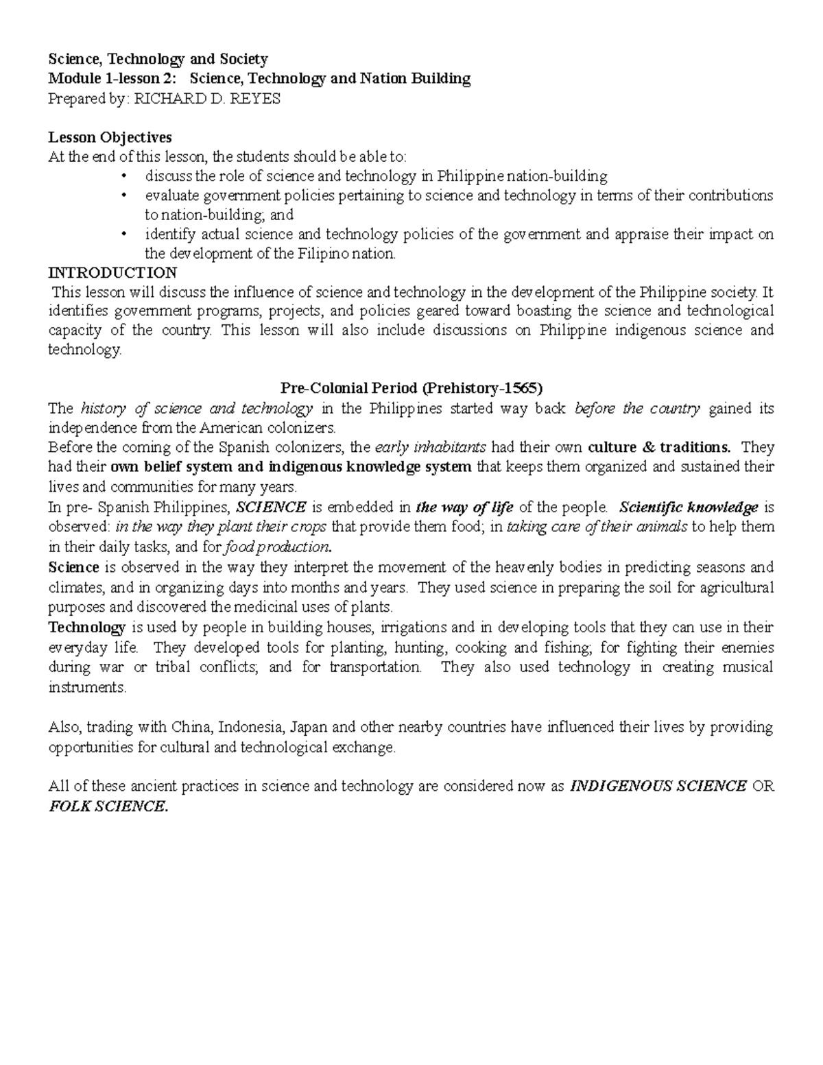 Module 1 - Lesson 2: Science, Technology & Nation Building in PH - Studocu