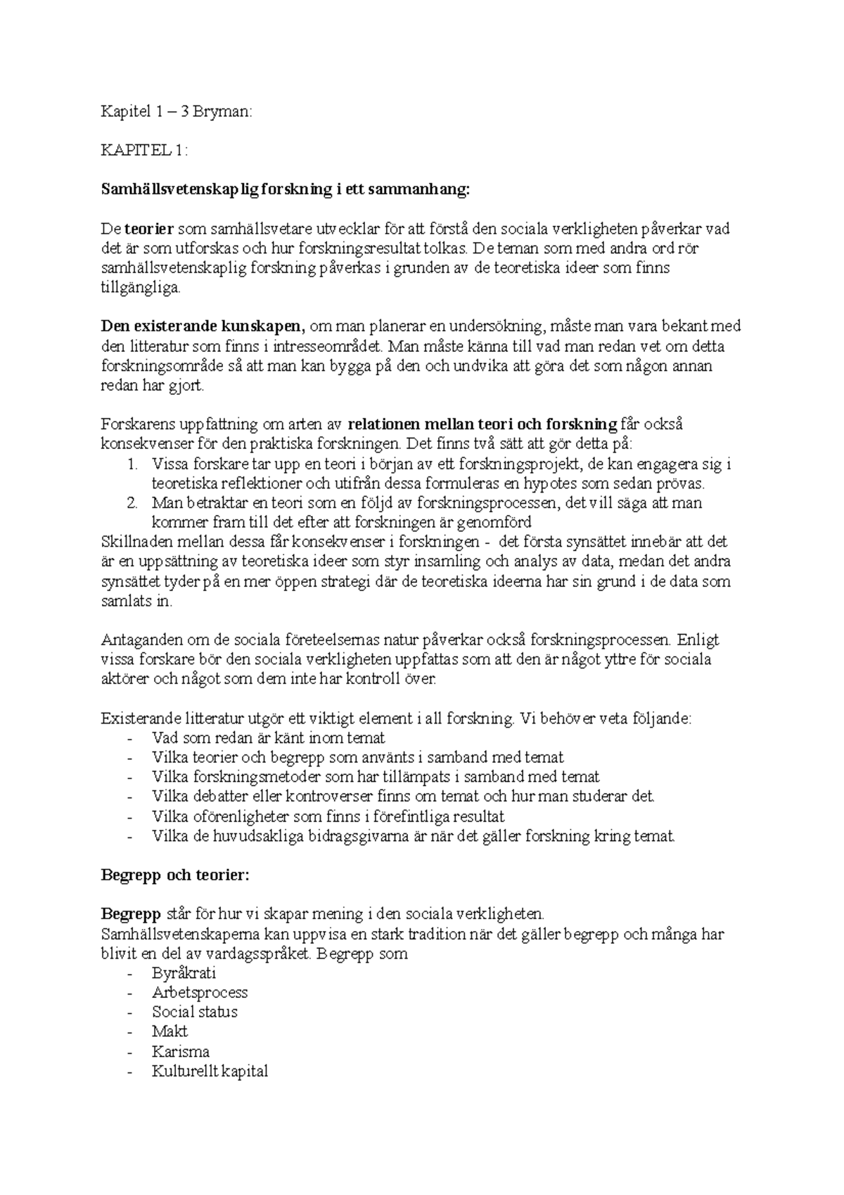 Sammanfattning av Kapitel 1-3 i Bryman: Teori och Forskning - Studocu
