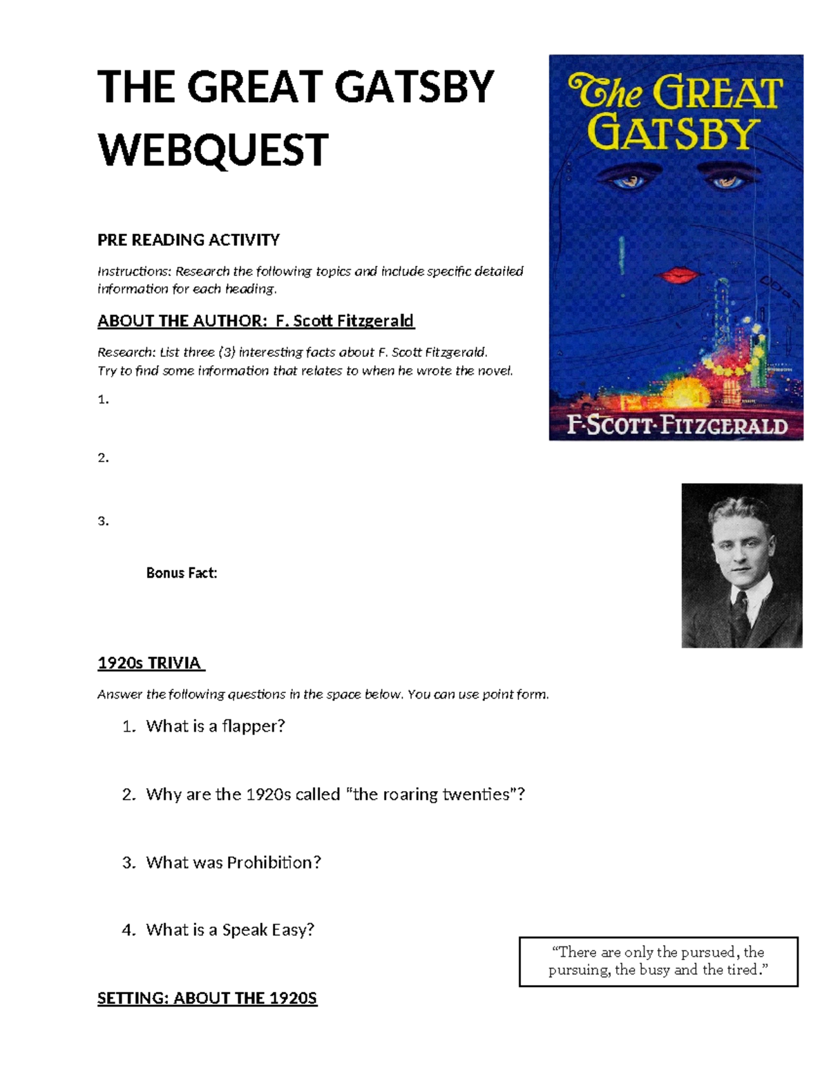 The Great Gatsby Web Quest Activity - Engaging with F. Scott Fitzgerald ...
