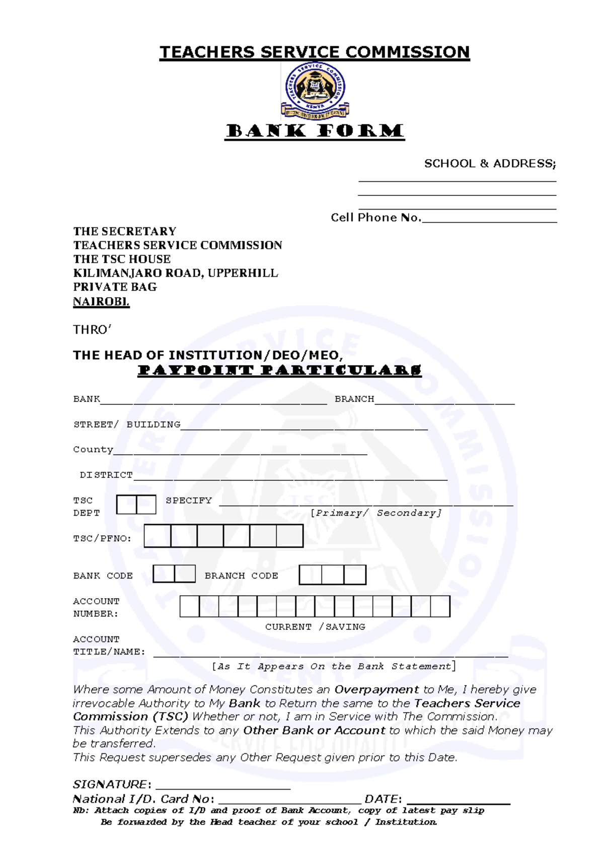 Change of Paypoint TSC - TSC Bank Form Submission - Studocu