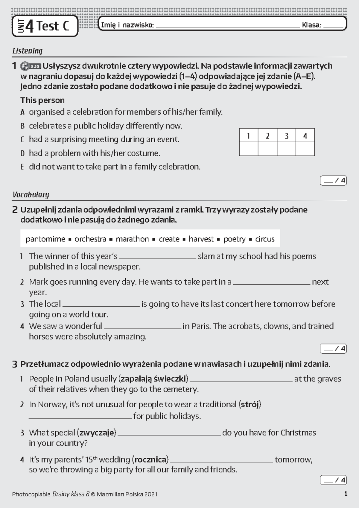 Brainy kl8 Unit 4 Test C - Listening, Vocabulary, Grammar, Reading ...