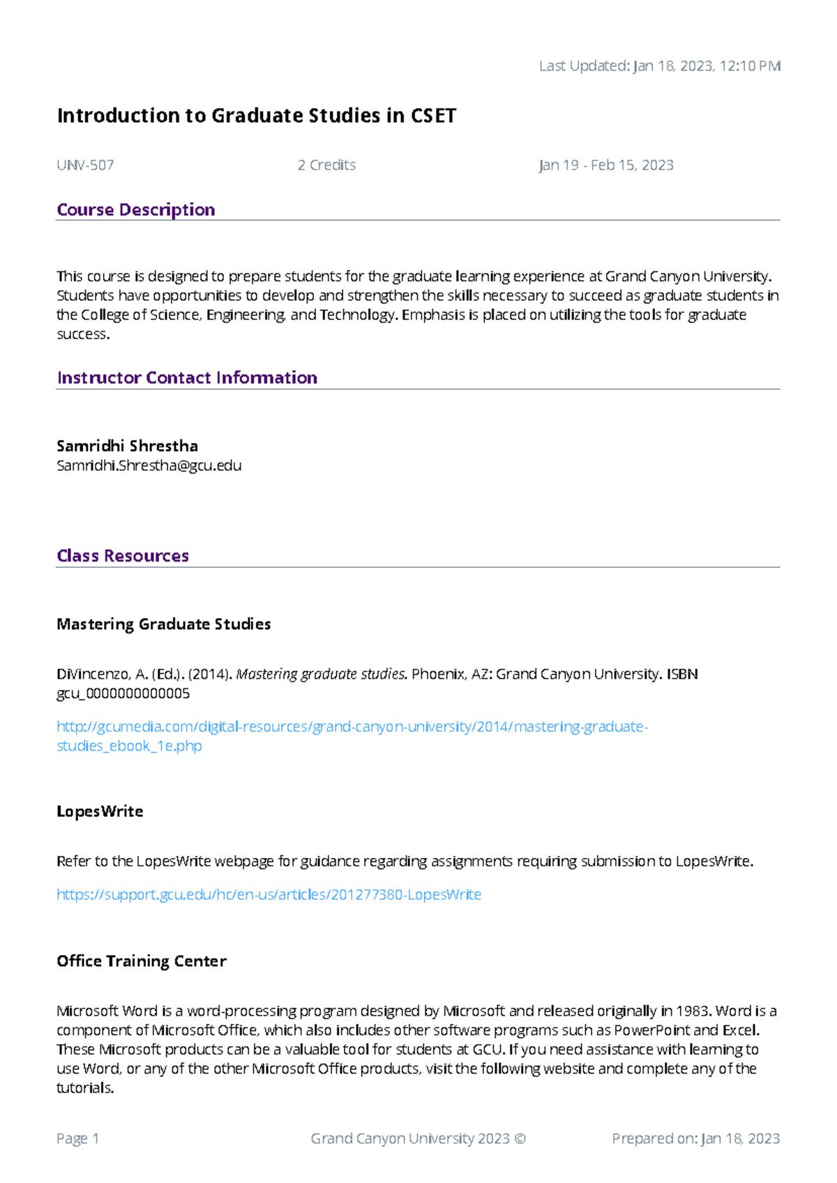 Introduction to Graduate Studies in CSET - UNV-507 Syllabus 2023 - Studocu
