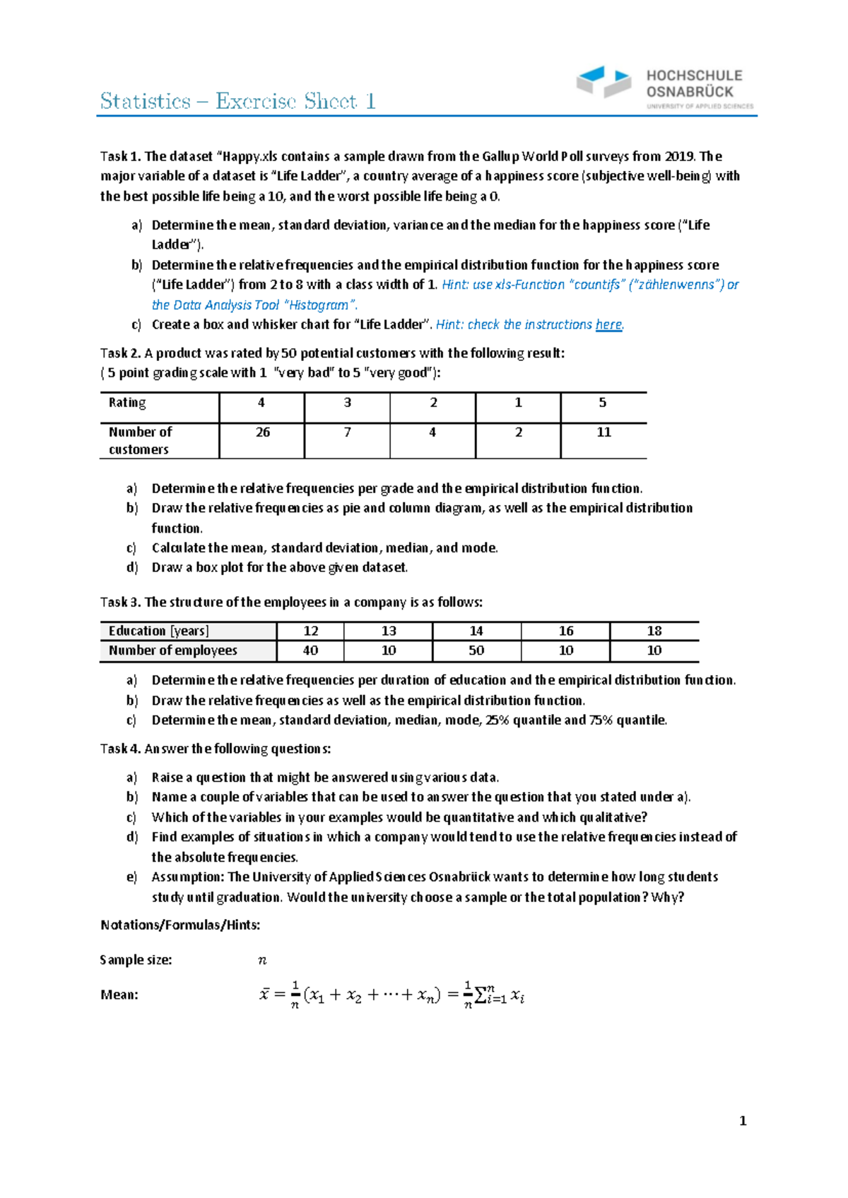 Exercise Sheet 1 - Wintersemester: Data Analysis & Statistics Tasks ...