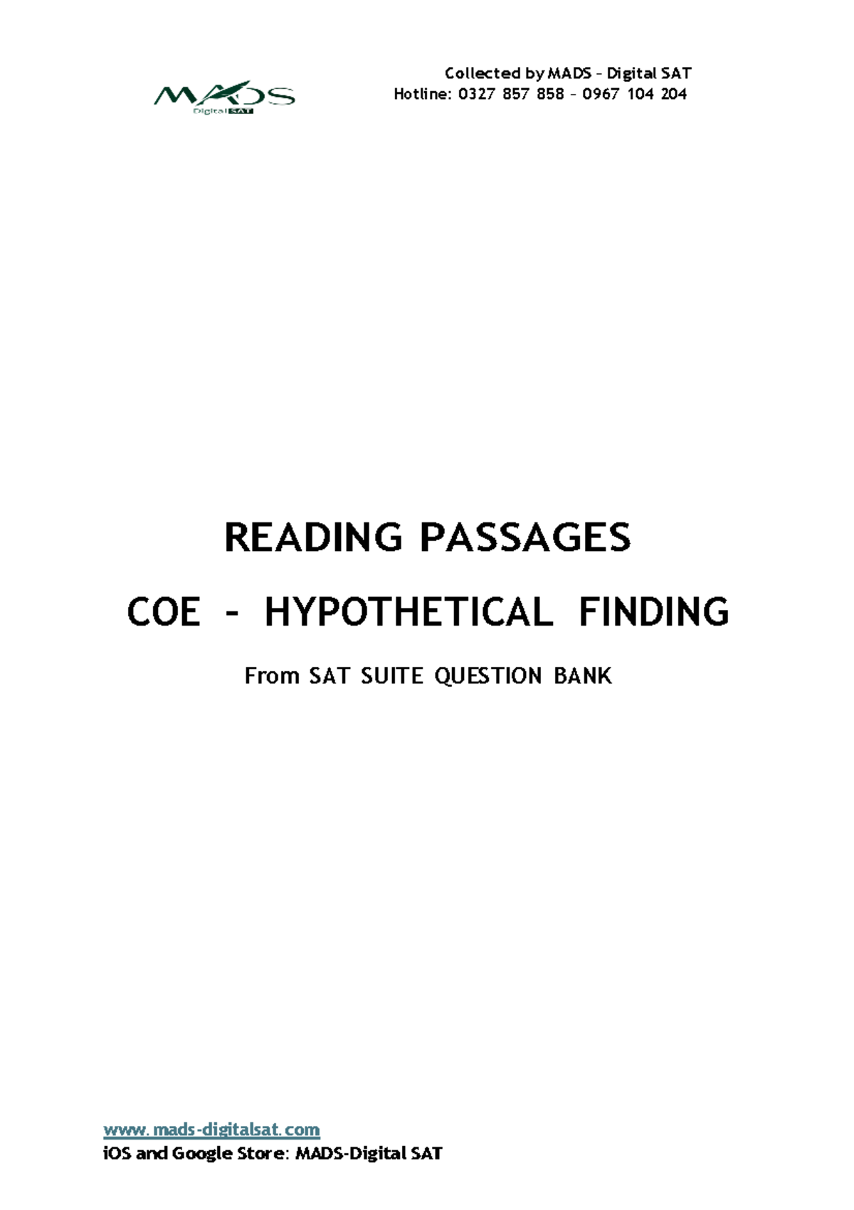 Reading Passages - COE Hypothetical Findings from SAT Suite - Studocu