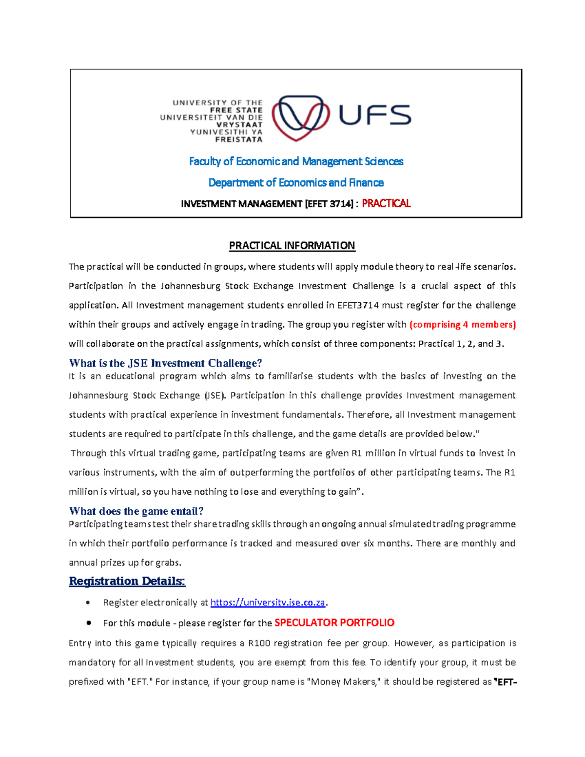 EFET3714 Investment Management: Practical Assignments Overview - Studocu