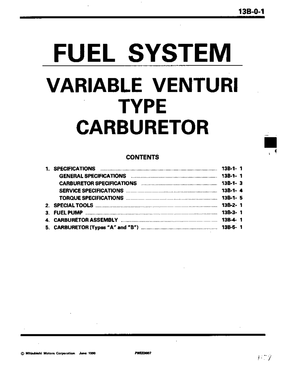 Mitsubishi Workshop Manual: Variable Venturi Carburetor (13B) Specs ...