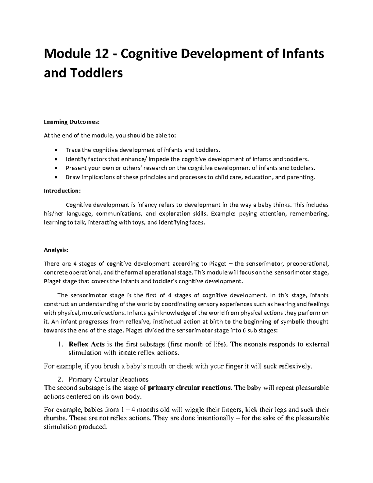 Cognitive development during Infancy and Toddlerhood - Module 12 ...