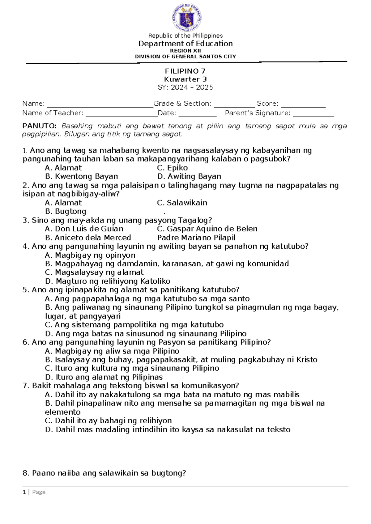 Grade-7-Q3-EXAM- Filipino 7 - Republic of the Philippines Department of ...