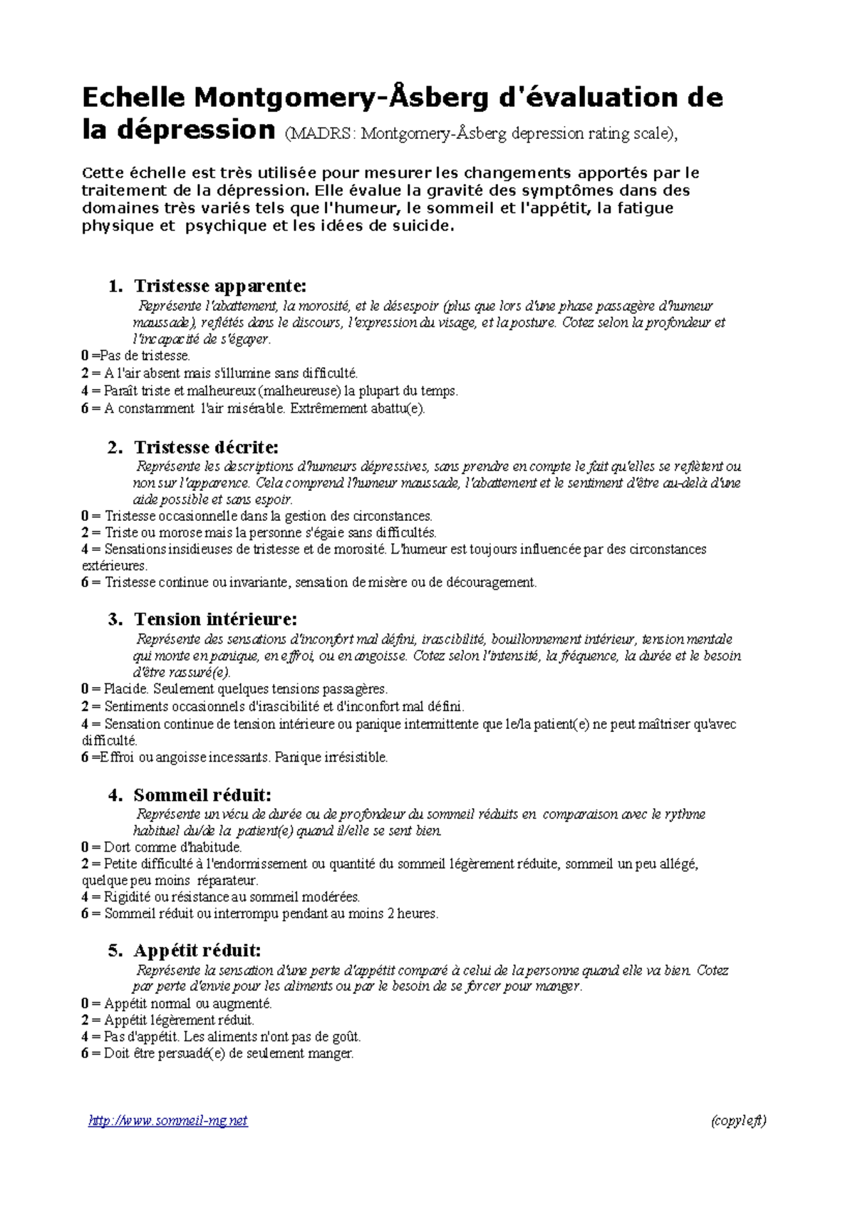 Échelle MADRS d'évaluation de la dépression : Guide et cotation - Studocu