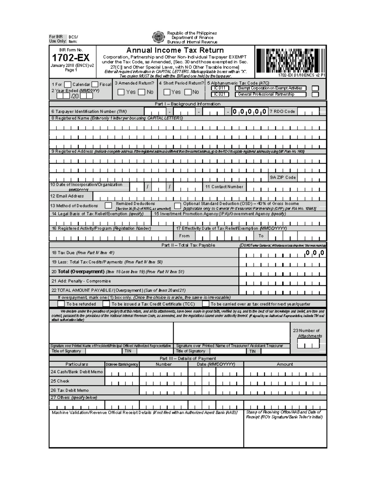 BIR Form No. 1702-EX: Annual Income Tax Return for Non-Individuals ...