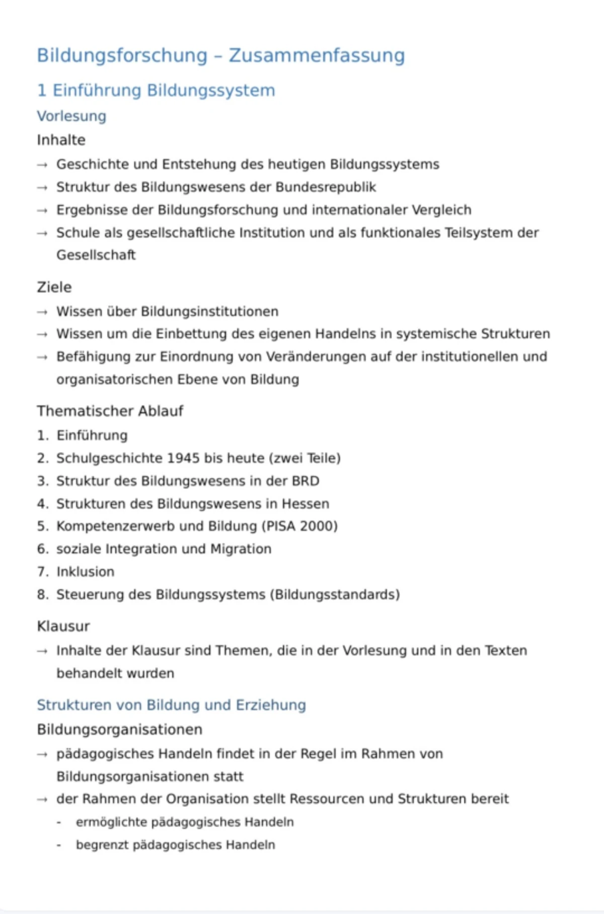 Zusammenfassung Teil 1 - Bildungssystem der BRD im internationalen Vergleich - Unbenannte Notiz ...
