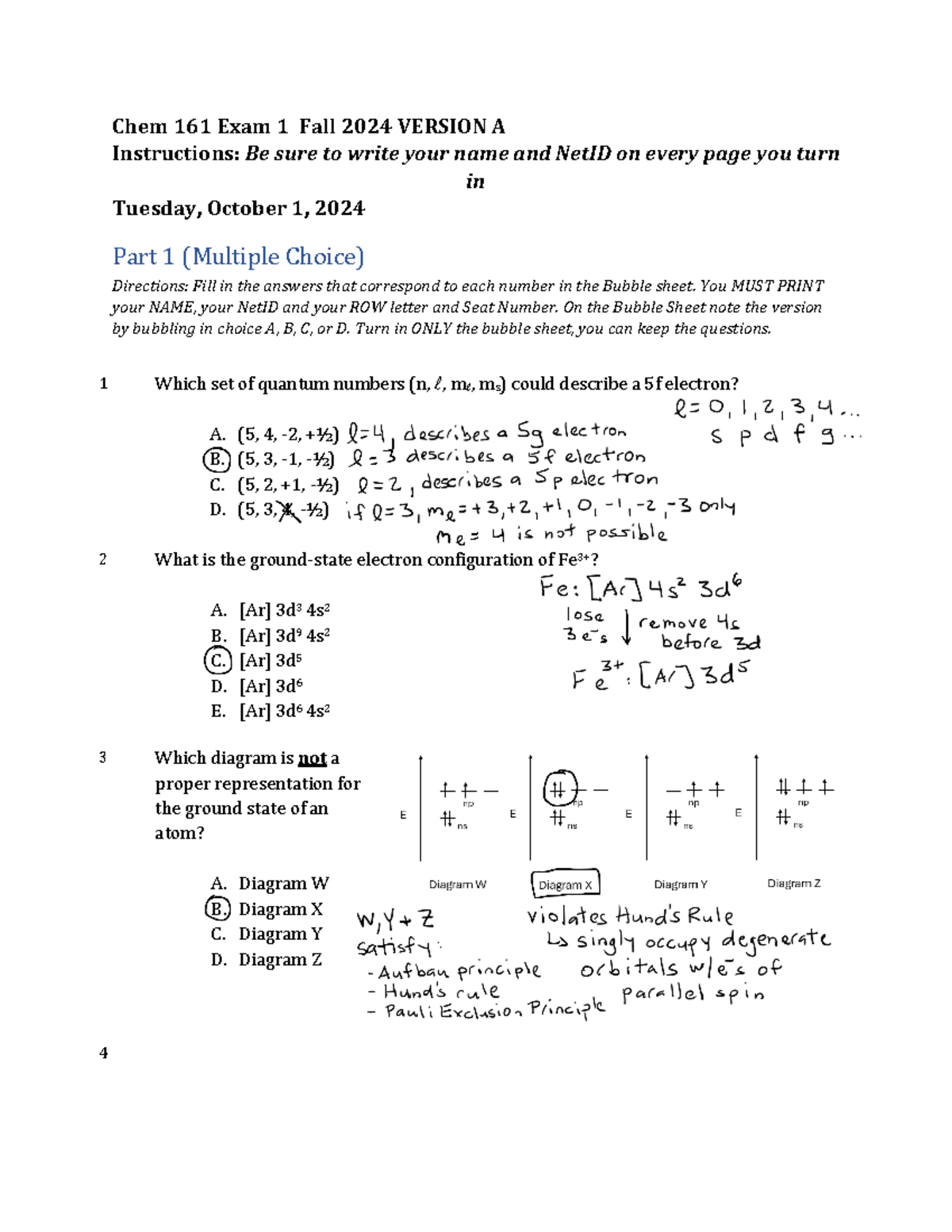 Chem 161 Exam 1 Fall 2024 Worked Solutions - Chem 16 1 Exam 1 Fall 2024 VERSION A Instructions ...