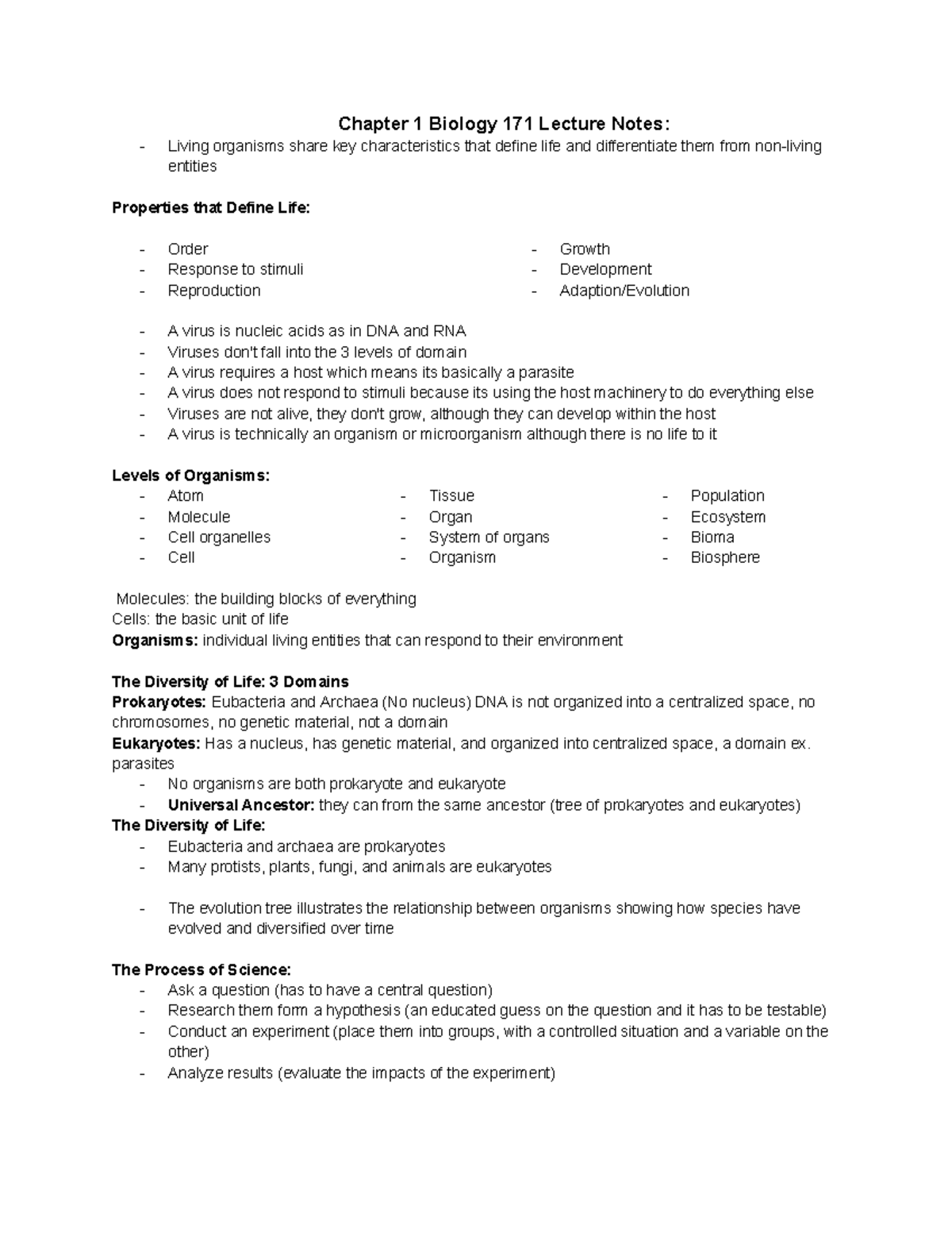Biology 171 Lecture Notes: Chapter 1 & Chemical Foundations - Studocu