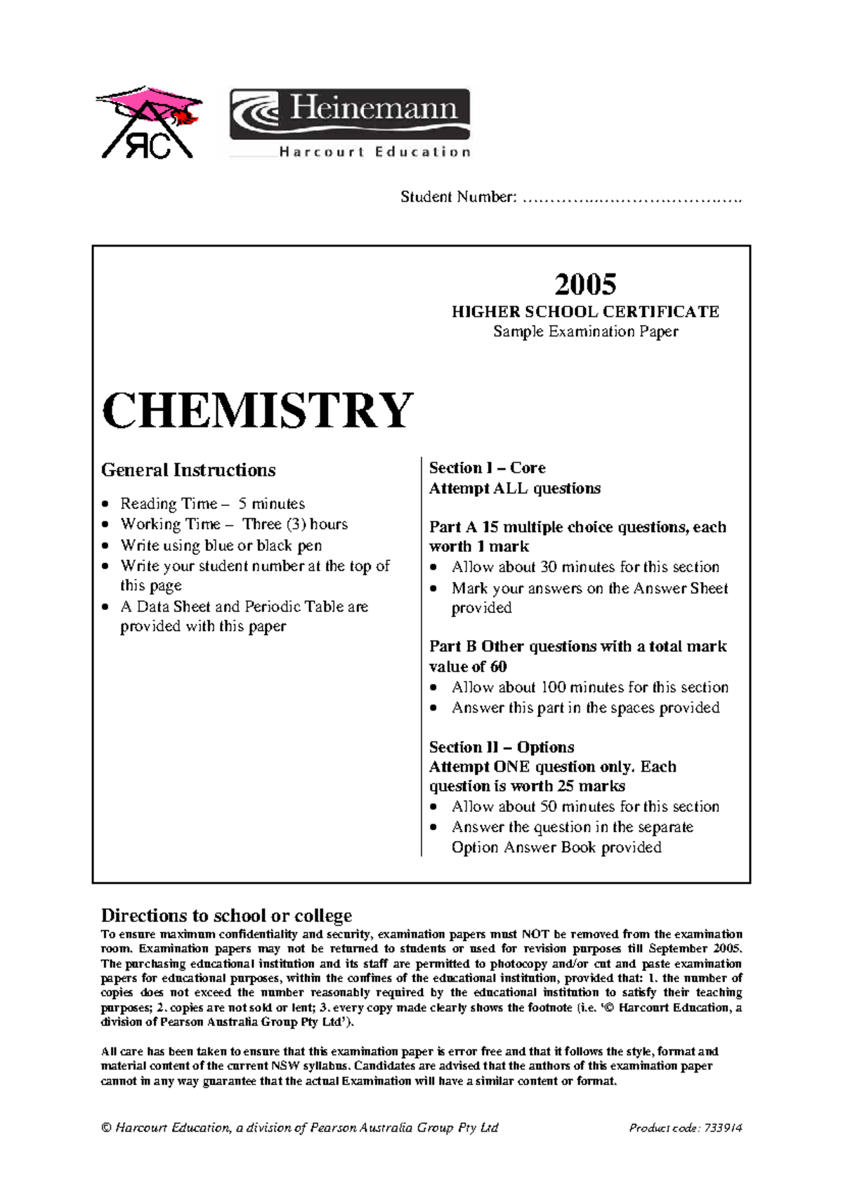 HSC CHEMISTRY 2005 Sample Examination Paper and Instructions - Studocu