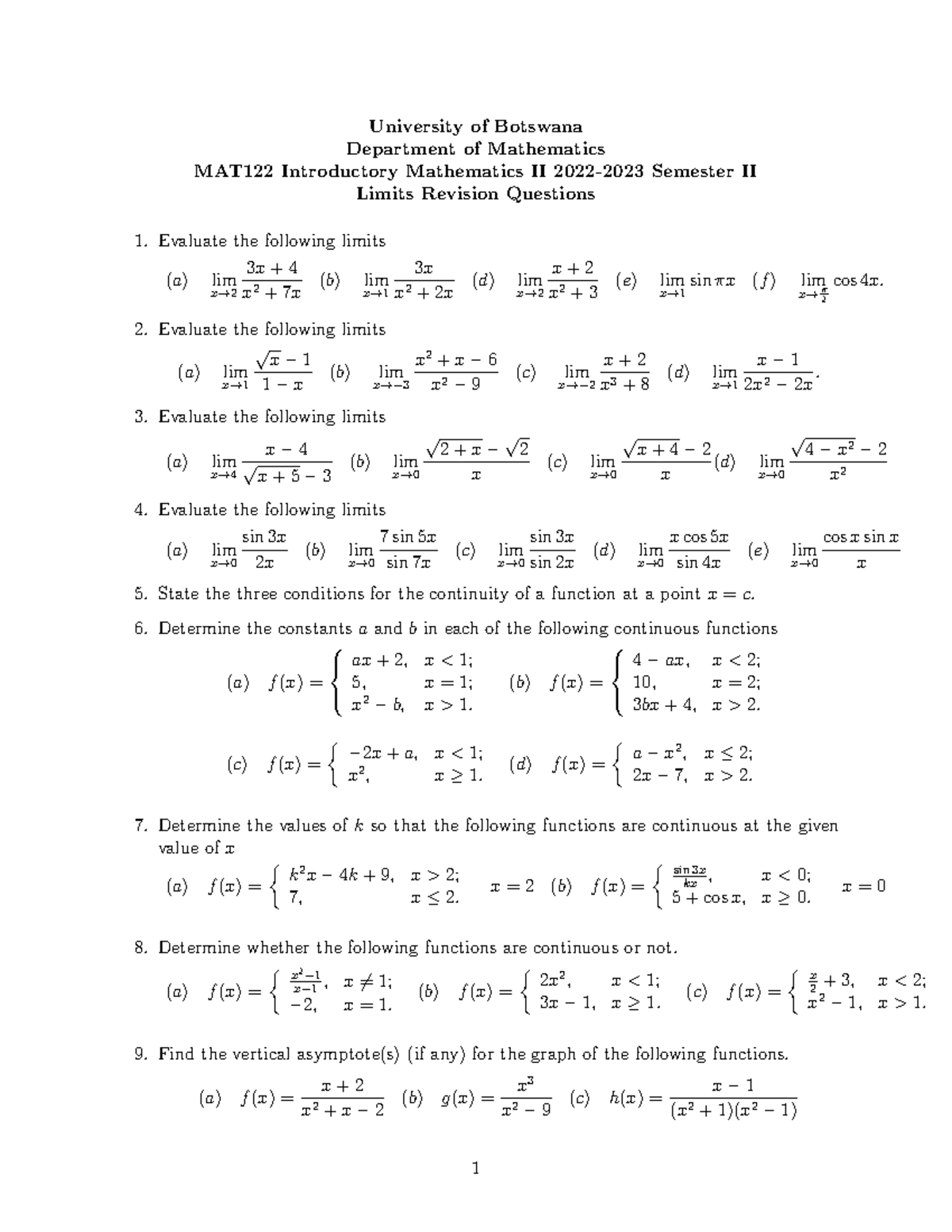 MAT122 Limits Revision Questions - Introductory Mathematics II - Studocu