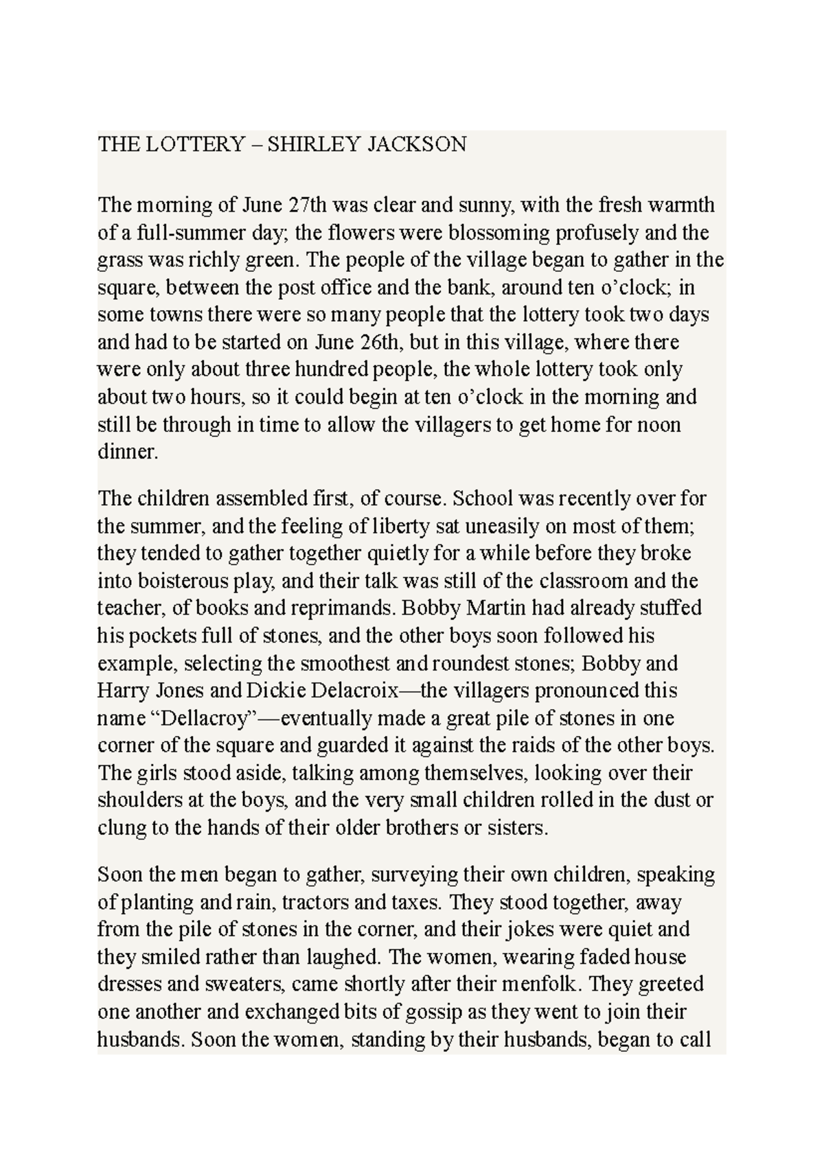 THE LOTTERY - Shirley Jackson Analysis and Summary - Studeersnel