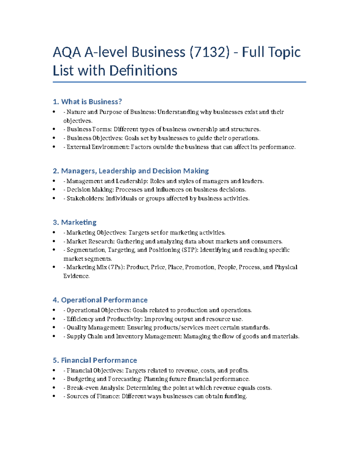 AQA A-Level Business (7132) Key Topics and Definitions Guide - Studocu
