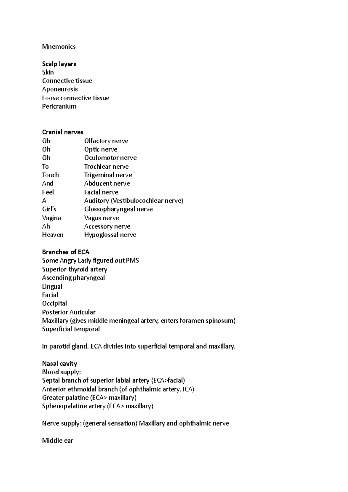 Head And Neck Anatomy Mnemonics