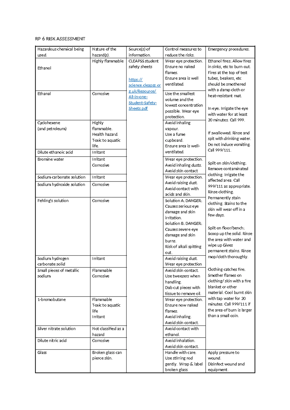 Required Practical 5: Risk Assessment for Hazardous Chemicals - Studocu
