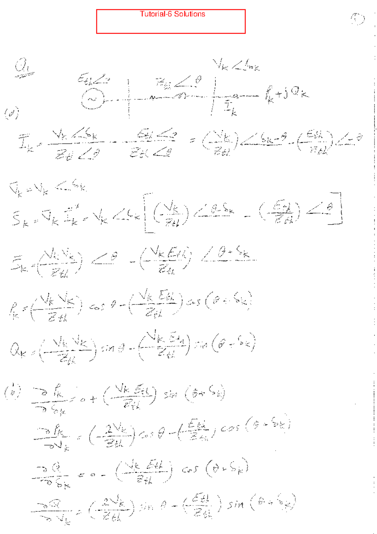 Advanced Power Systems-Tutorial-6-Solutions - 6 Solutions T Q1 Eth Zth (a) Ik Vk Lok Eth Lo (VK ...