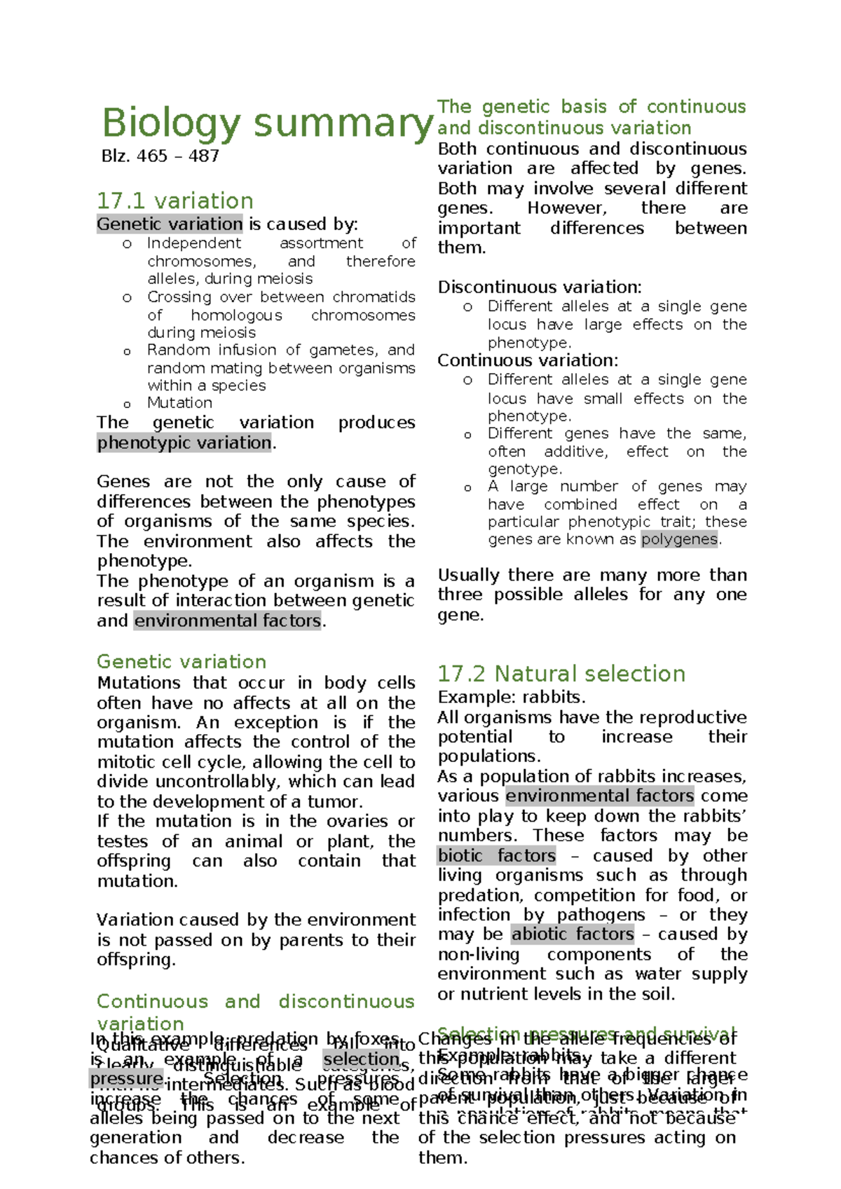 Biology Summary: Chapter 17 - Genetic Variation and Natural Selection ...