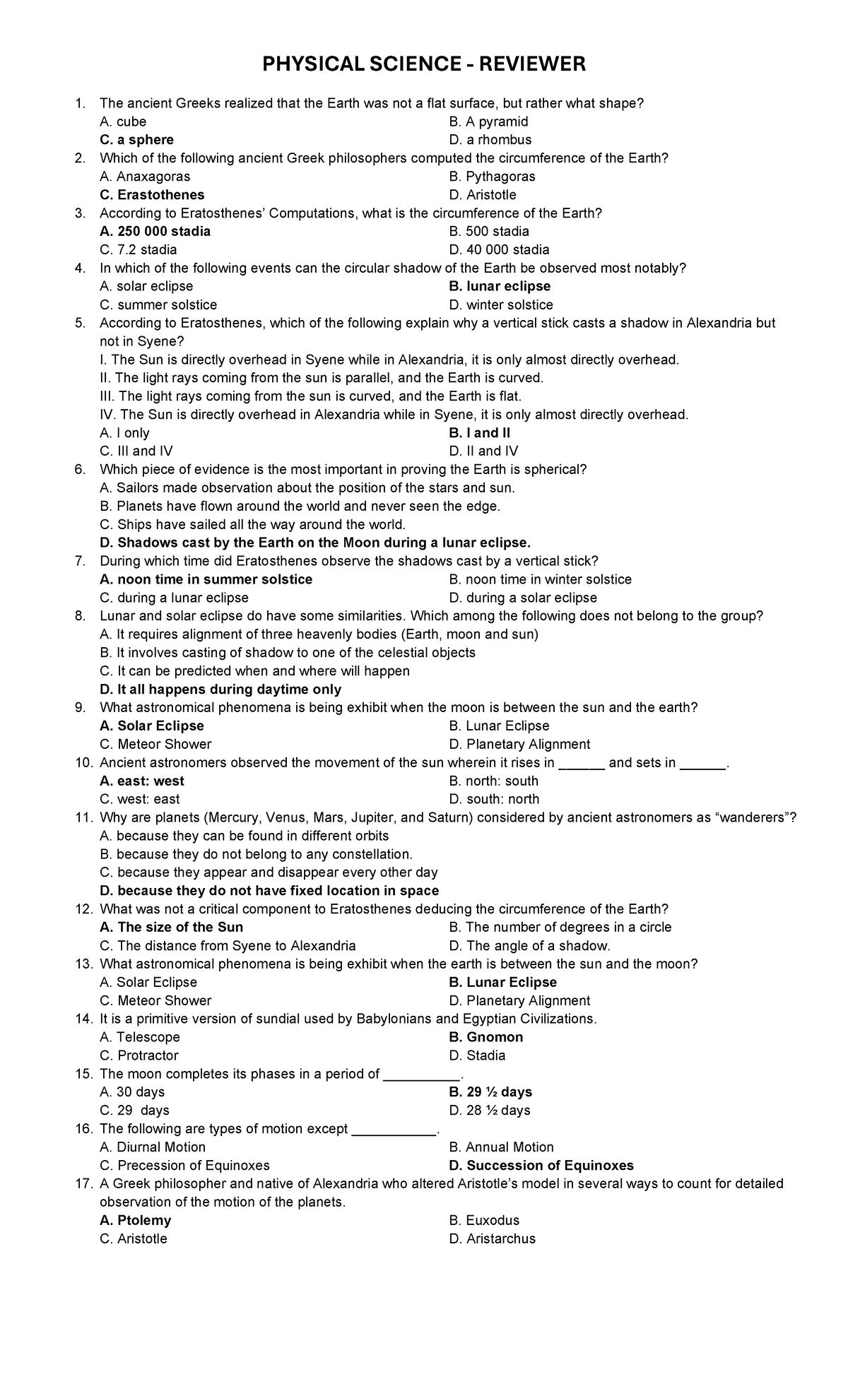 Physical science reviewer: Earth shape, motion, and celestial phenomena ...
