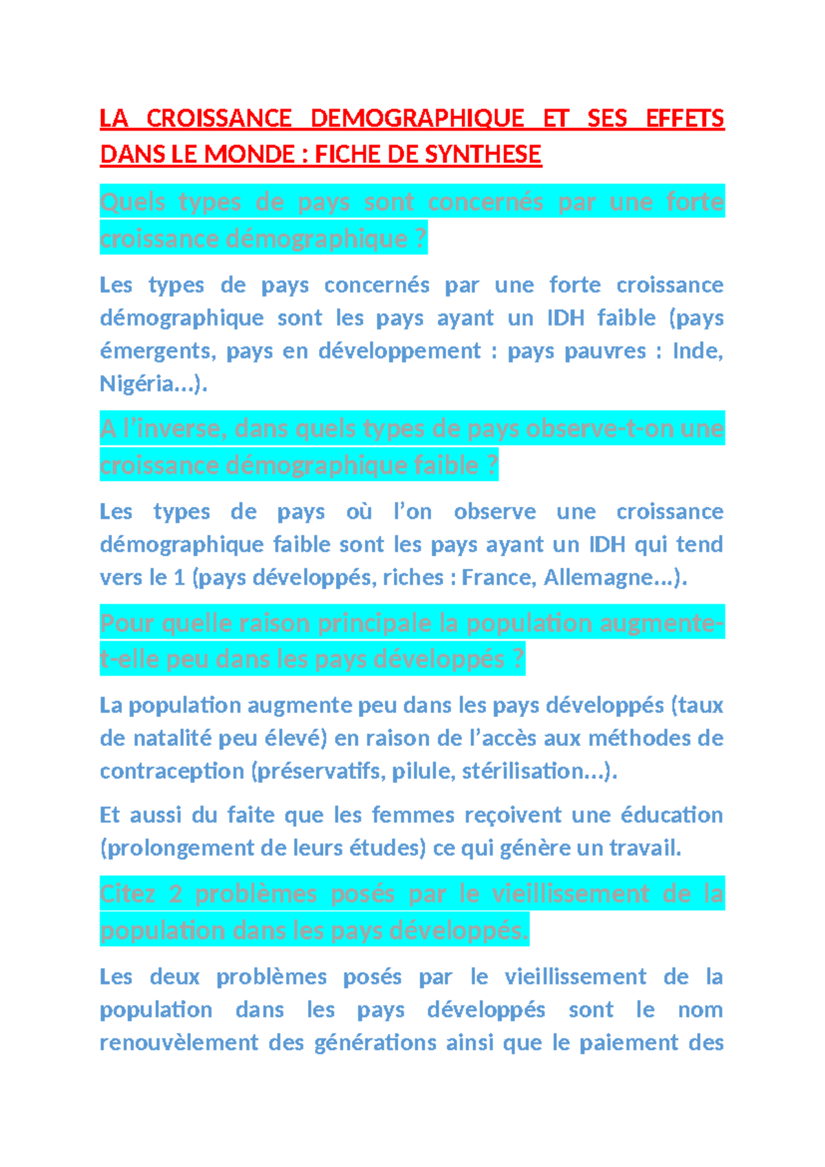 LA CROISSANCE DEMOGRAPHIQUE ET SES IMPACTS - FICHE DE SYNTHESE - Studocu