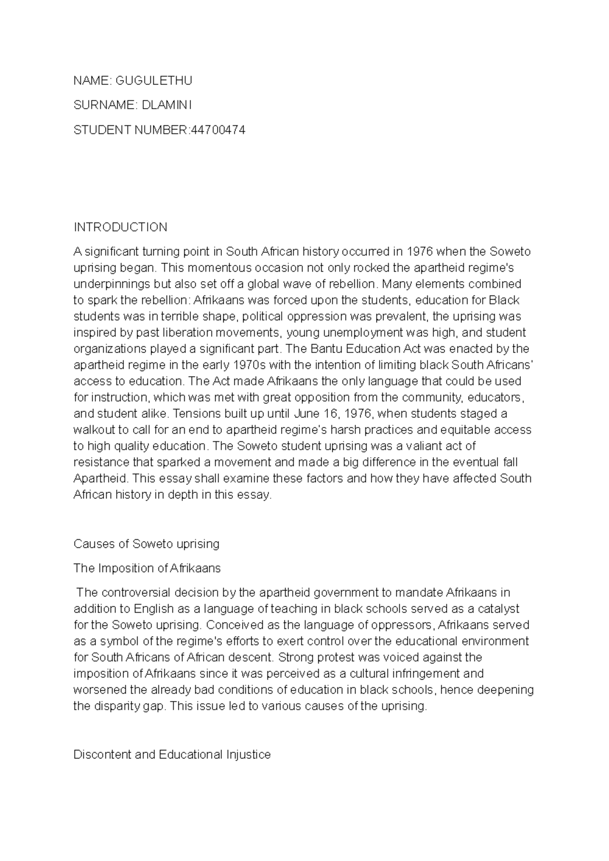 HIST 112 Major Assignment: Analyzing the Soweto Uprising of 1976 - Studocu