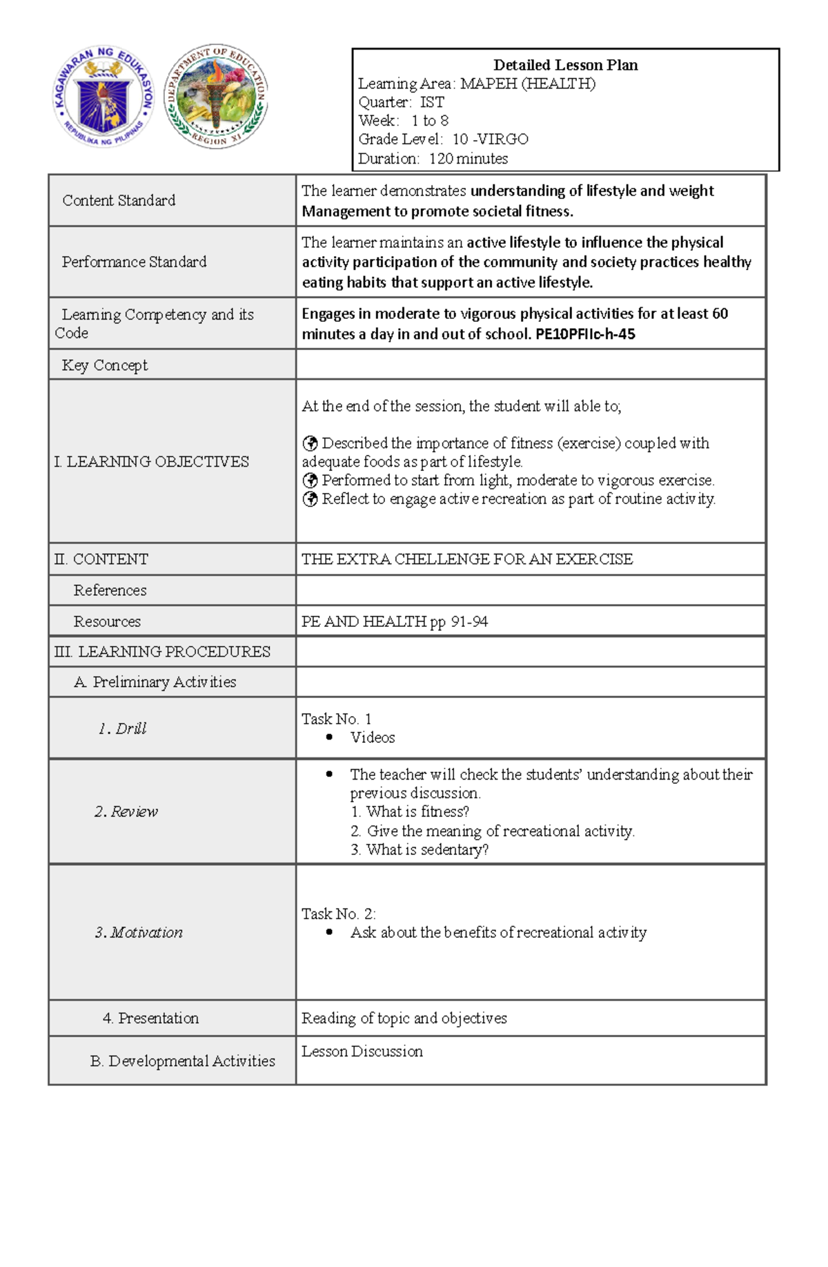 DLP PE10 - Daily Lesson Plan Sample for Active Lifestyle & Fitness ...