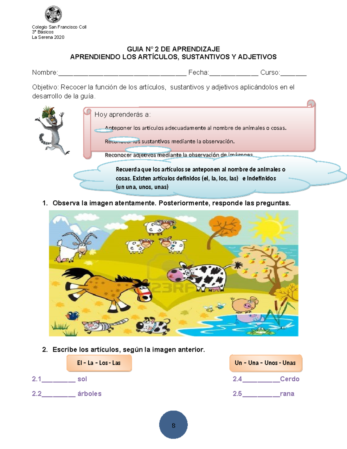 Guía de Artículos, Sustantivos y Adjetivos - 3° Básicos 2020 - Studocu