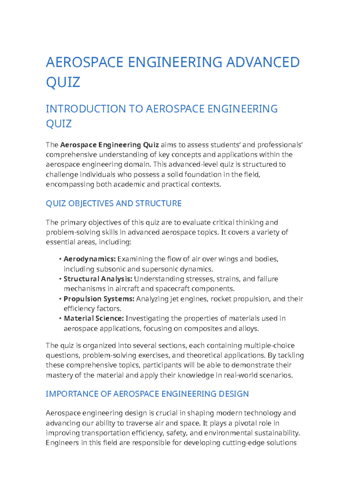 AEROSPACE ENGINEERING AERODYNAMICS & PROPULSION QUIZ - Studocu