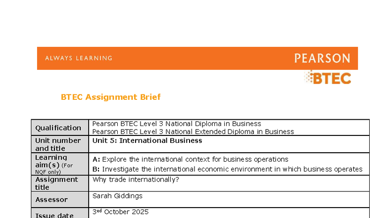 Unit 5 - Assignment 1 - BTEC Assignment Brief Qualification Pearson ...