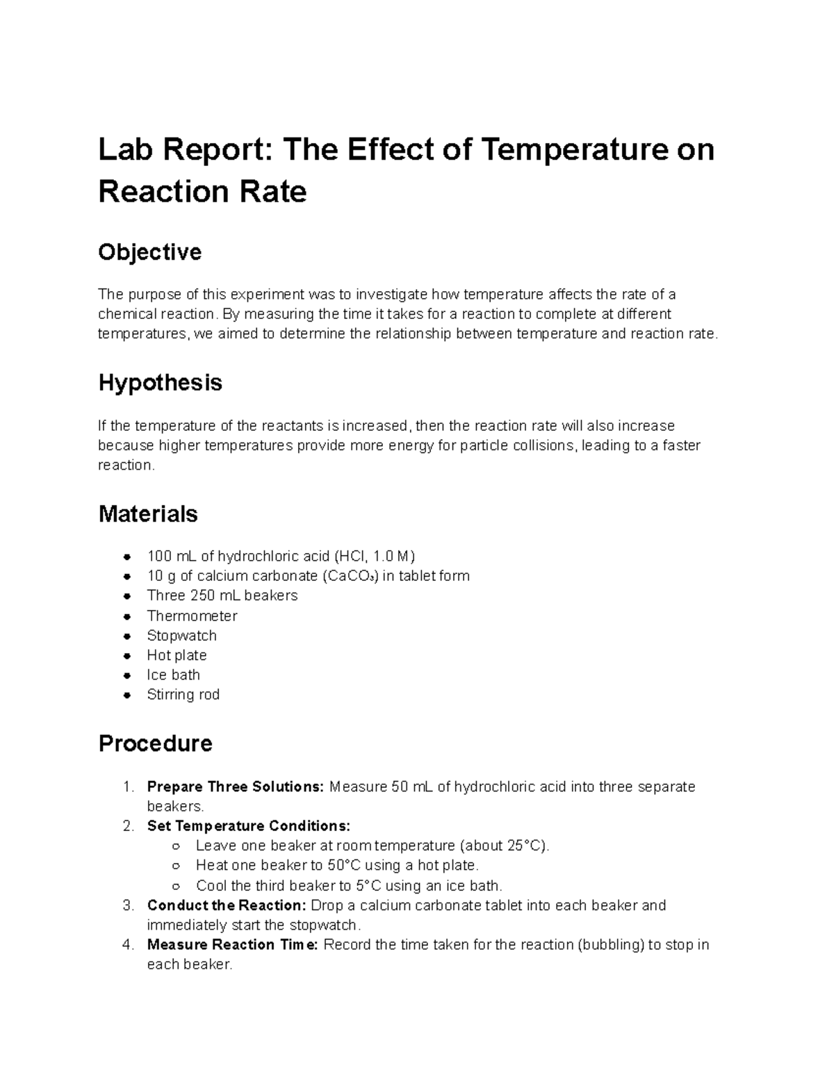 Lab Report: Effect of Temp on Reaction Rate (Chem 101) - Studocu