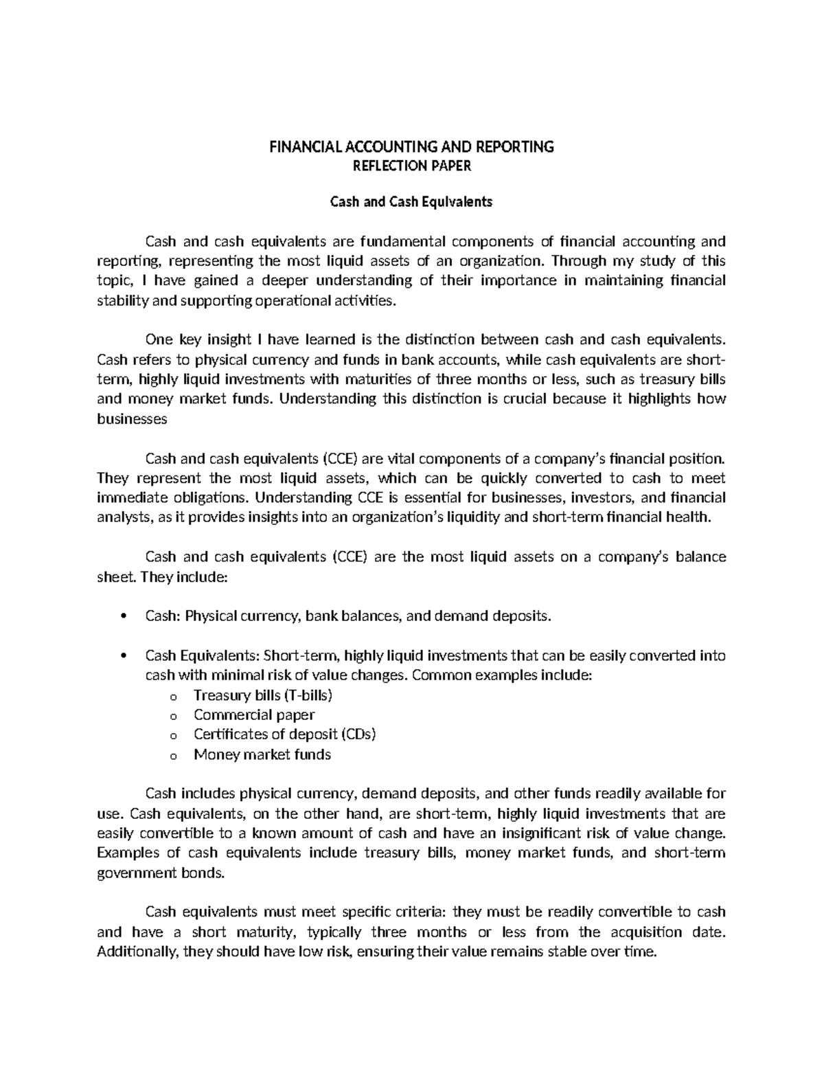 Reflection Paper Cash and Cash Equivalents - FINANCIAL ACCOUNTING AND ...